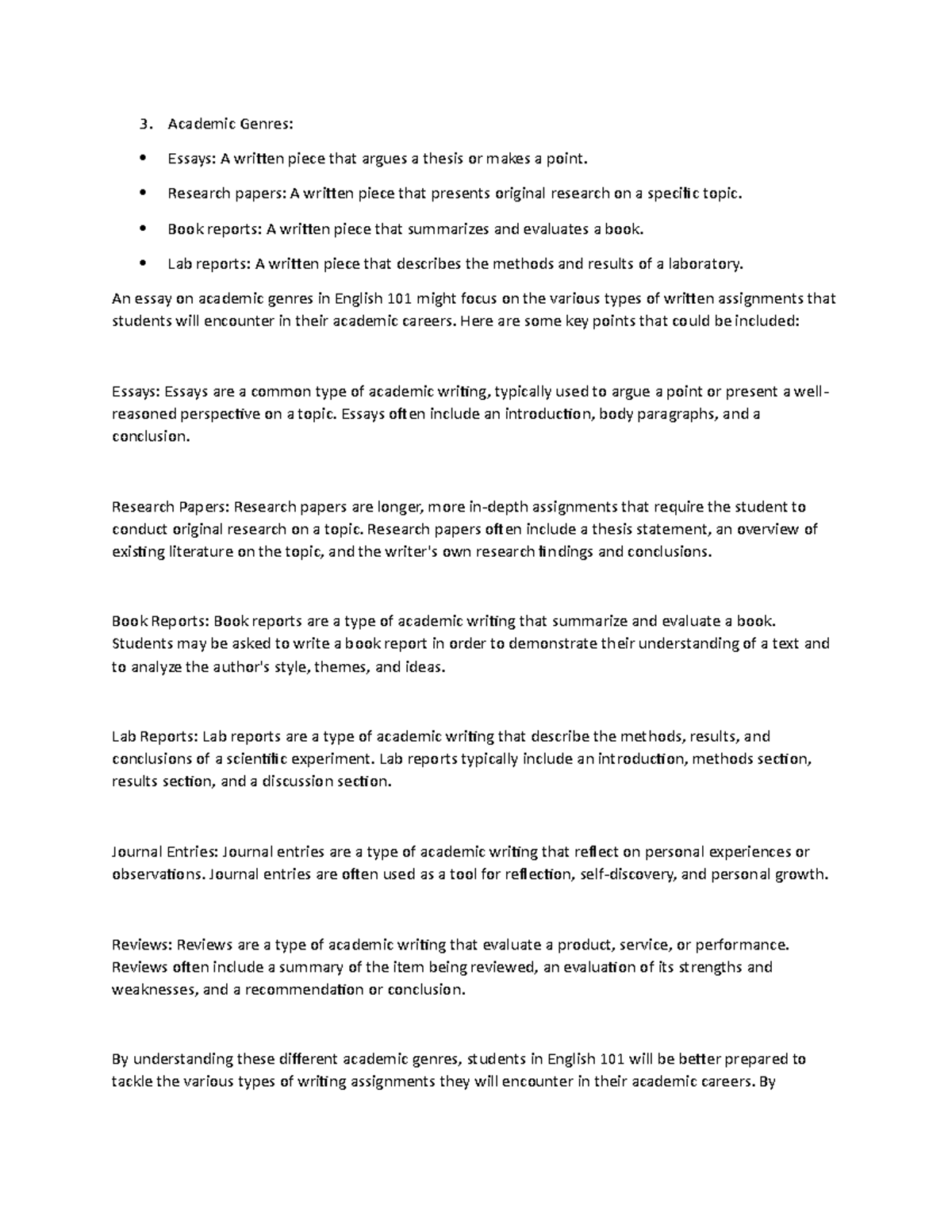 Academic Genres - Academic Genres: Essays: A written piece that argues ...