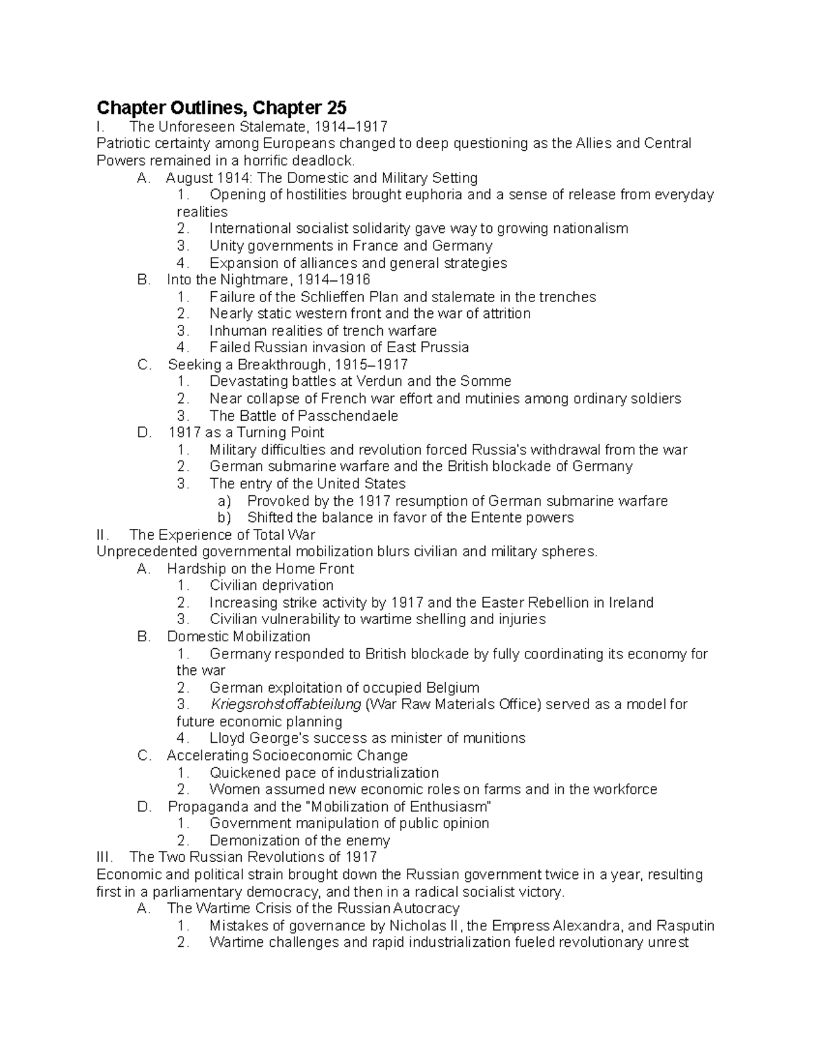 Ch 25 Outline War and Revolution - Chapter Outlines, Chapter 25 - Studocu