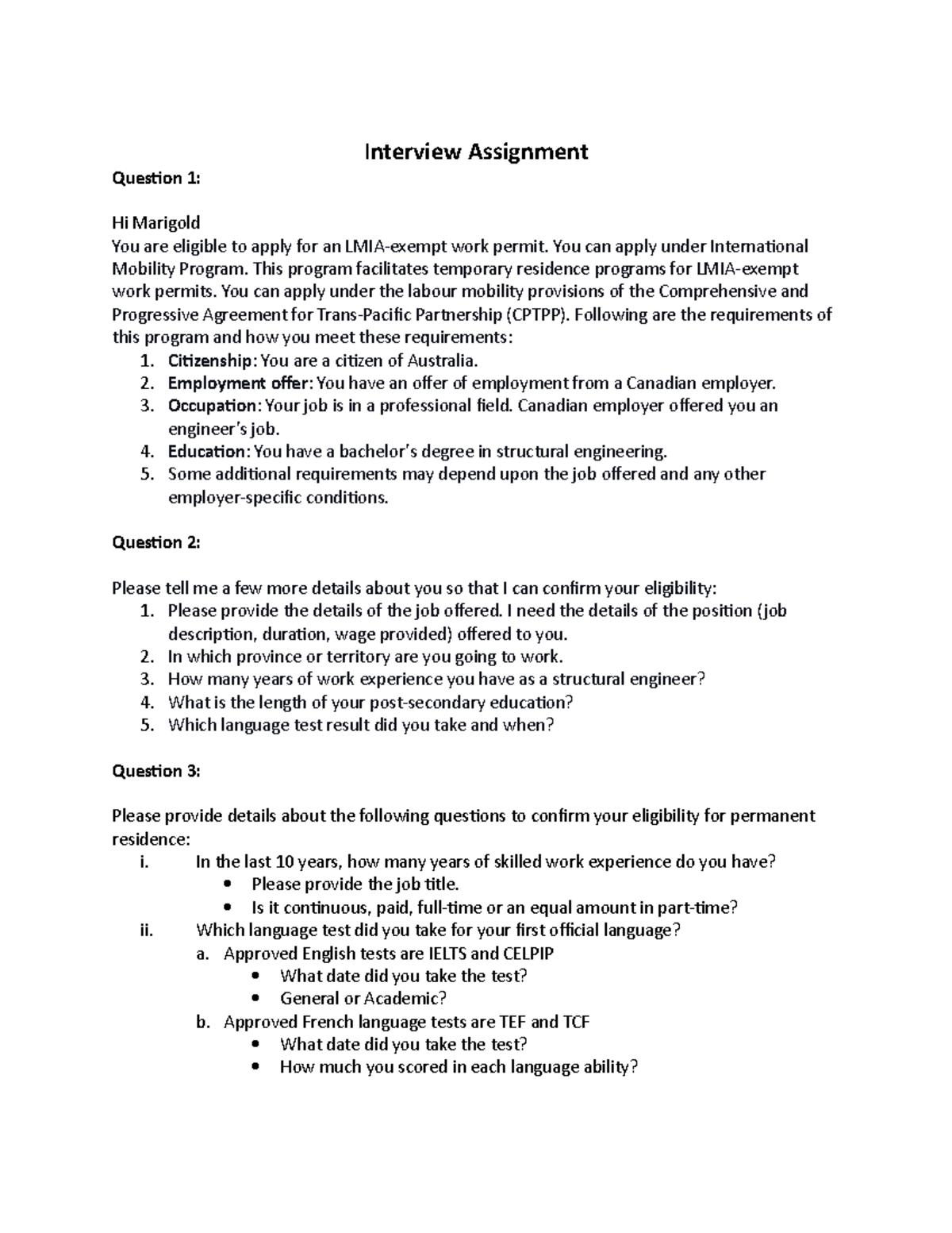 Interview Assignment - Interview Assignment Question 1: Hi Marigold You ...
