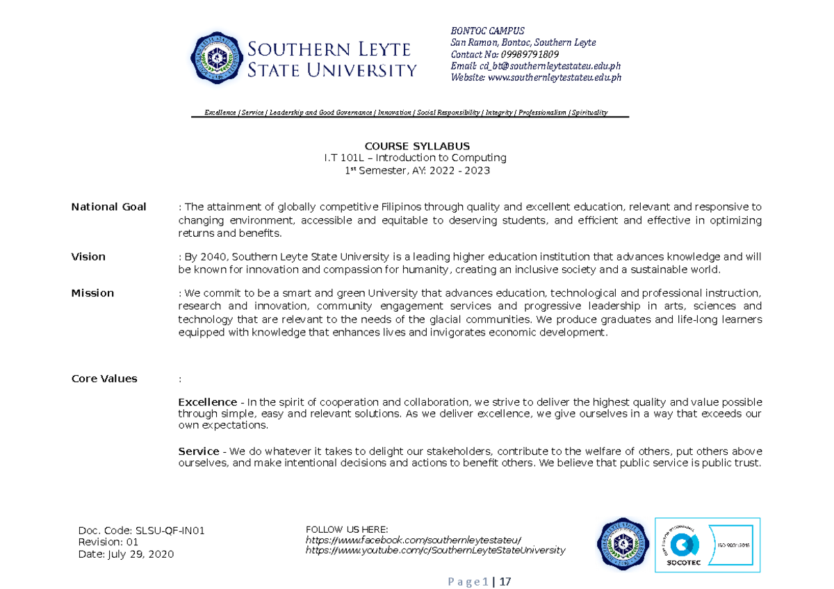 I.T 101 - Syllabus - N/A - COURSE SYLLABUS I 101L – Introduction to ...