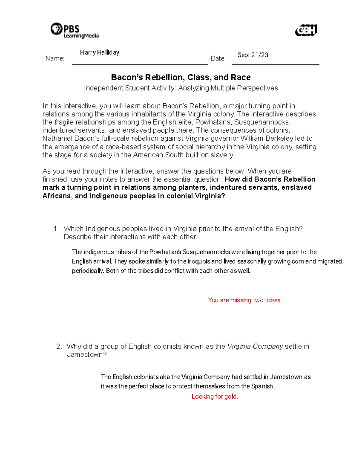 Activity Bacons Rebellion Ush22 Doc Baconrebellion Isa Name Date Bacons Rebellion Class