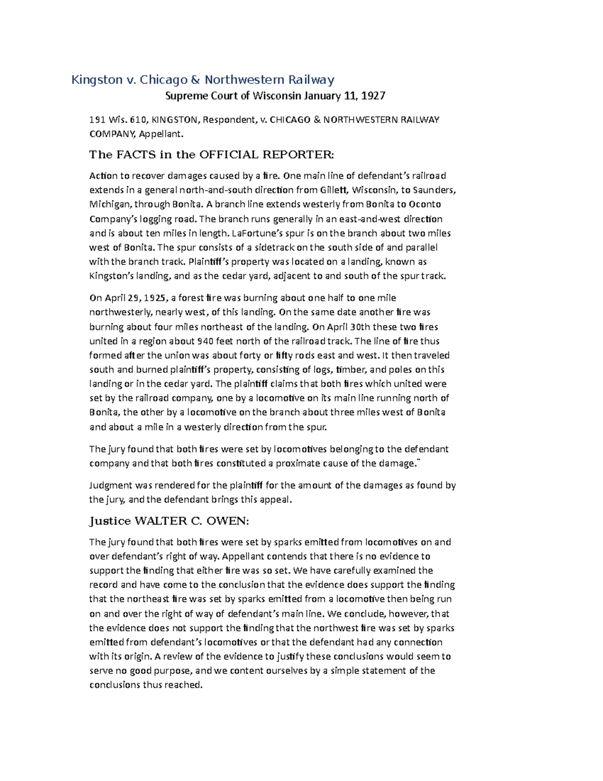 Tort law m53 - Tort law - Kingston v. Chicago & Northwestern Railway ...