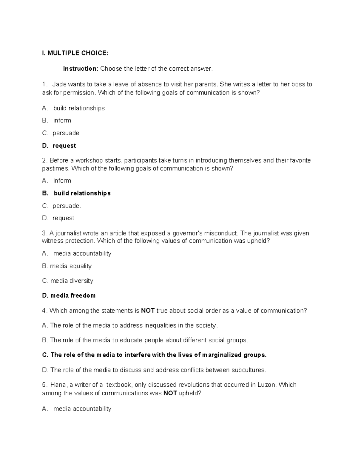 Diass Reviewer fixed - l. MULTIPLE CHOICE: Instruction: Choose the ...