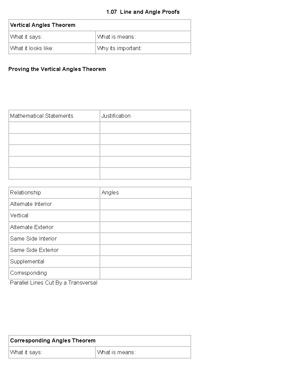 1.07 Study Guide - notes - 1 Line and Angle Proofs Vertical Angles ...