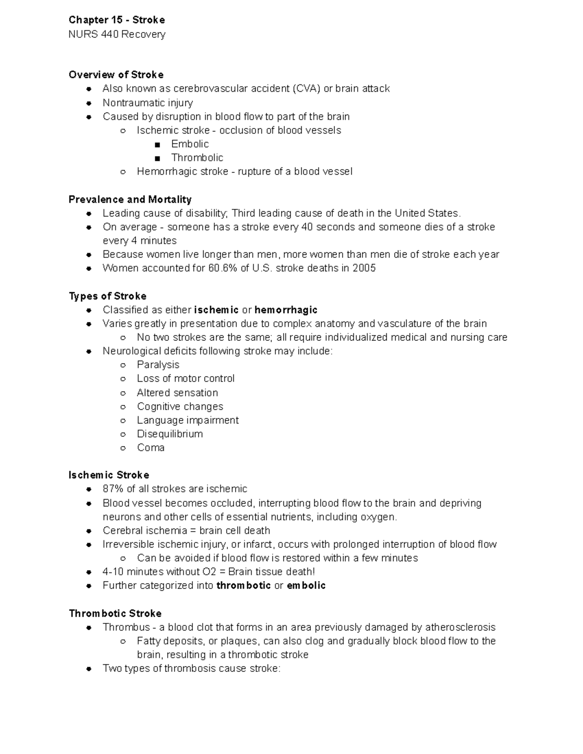 Stroke lecture notes - NURS 440 Recovery Overview of Stroke Also known ...