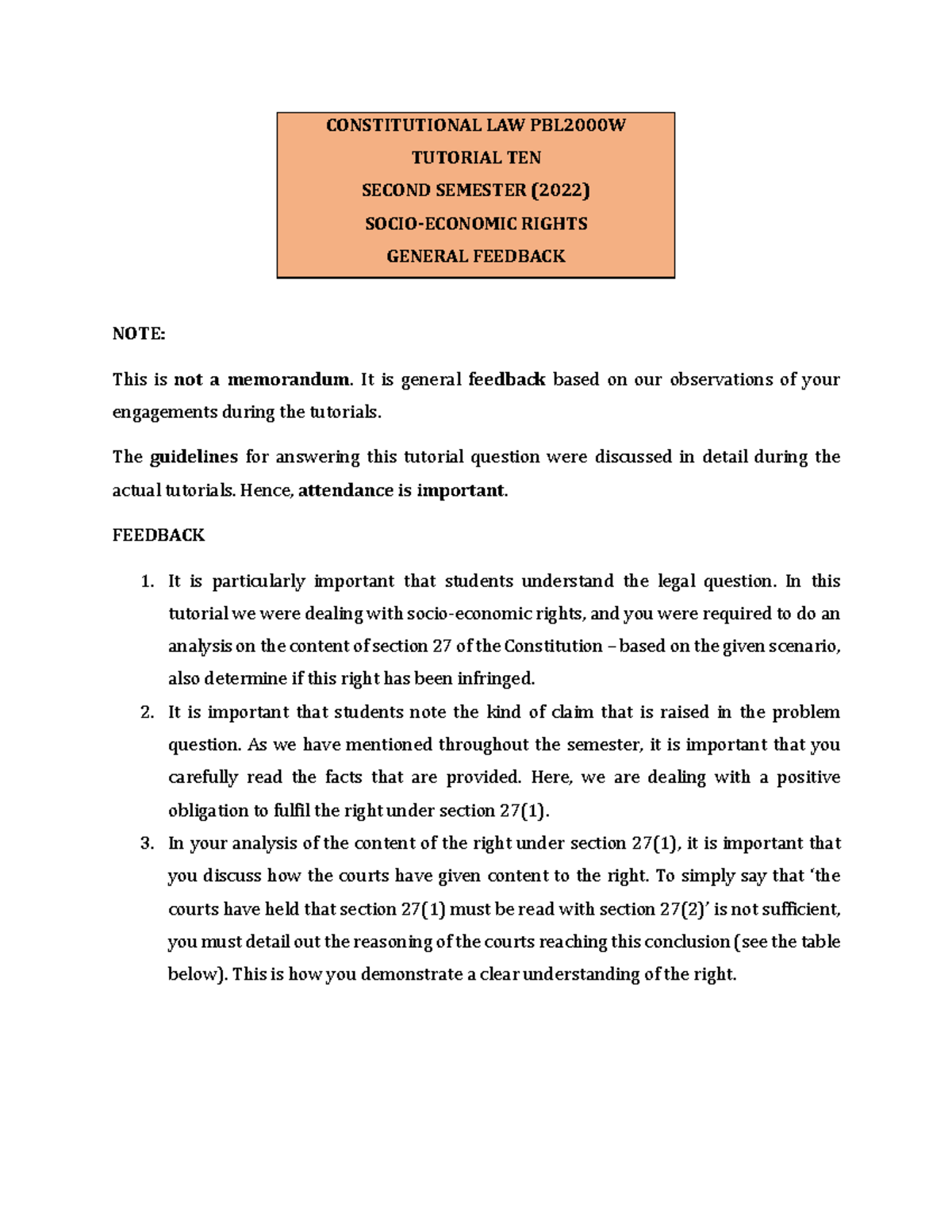 Tutorial Ten - General Feedback Con Law - CONSTITUTIONAL LAW PBL2000W ...