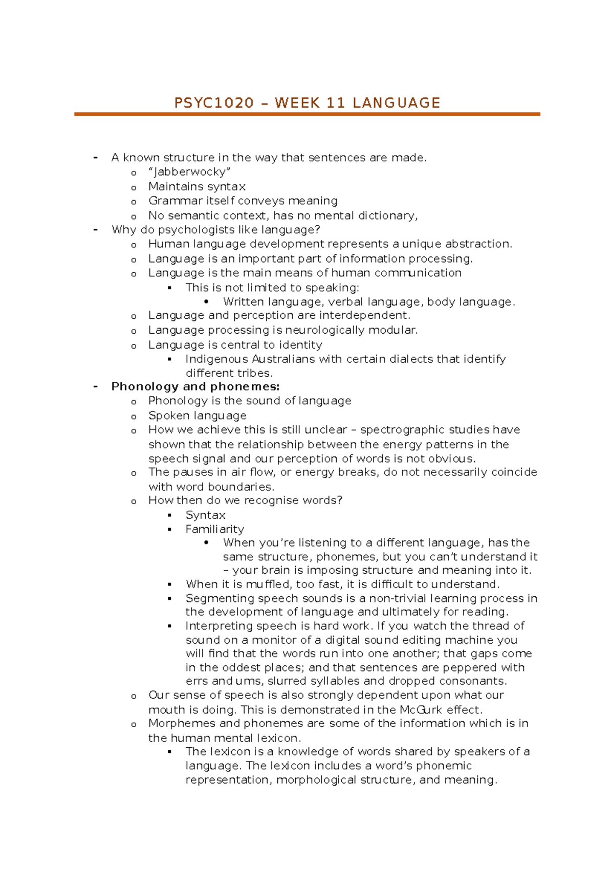 Psychology Intro 2 Week 11 Lecture Notes Psyc1020 Week 11 Language A Known Structure In