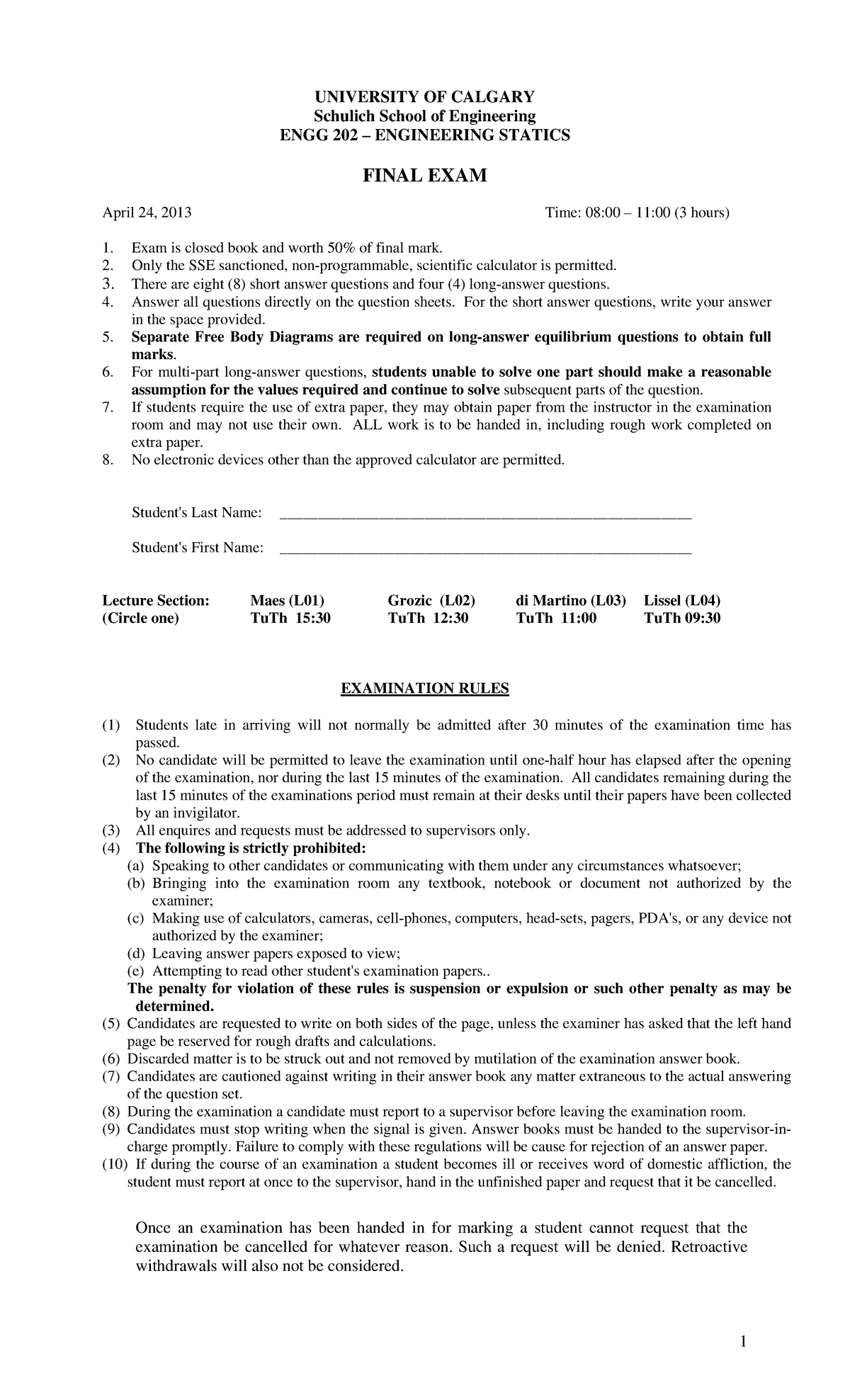 2013 - ENGG202 - Final Exam - Engineering 202 - UCalgary - Studocu