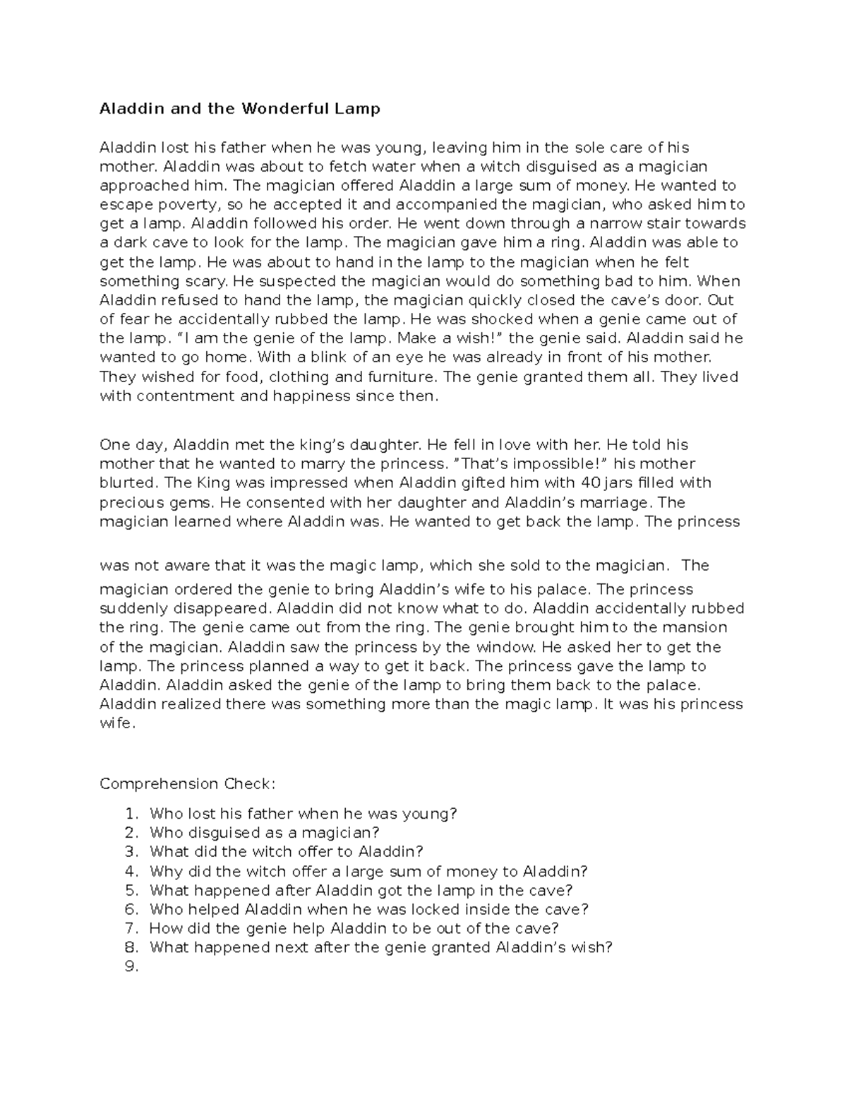 Remedial Reading Aladdin - Aladdin and the Wonderful Lamp Aladdin lost ...