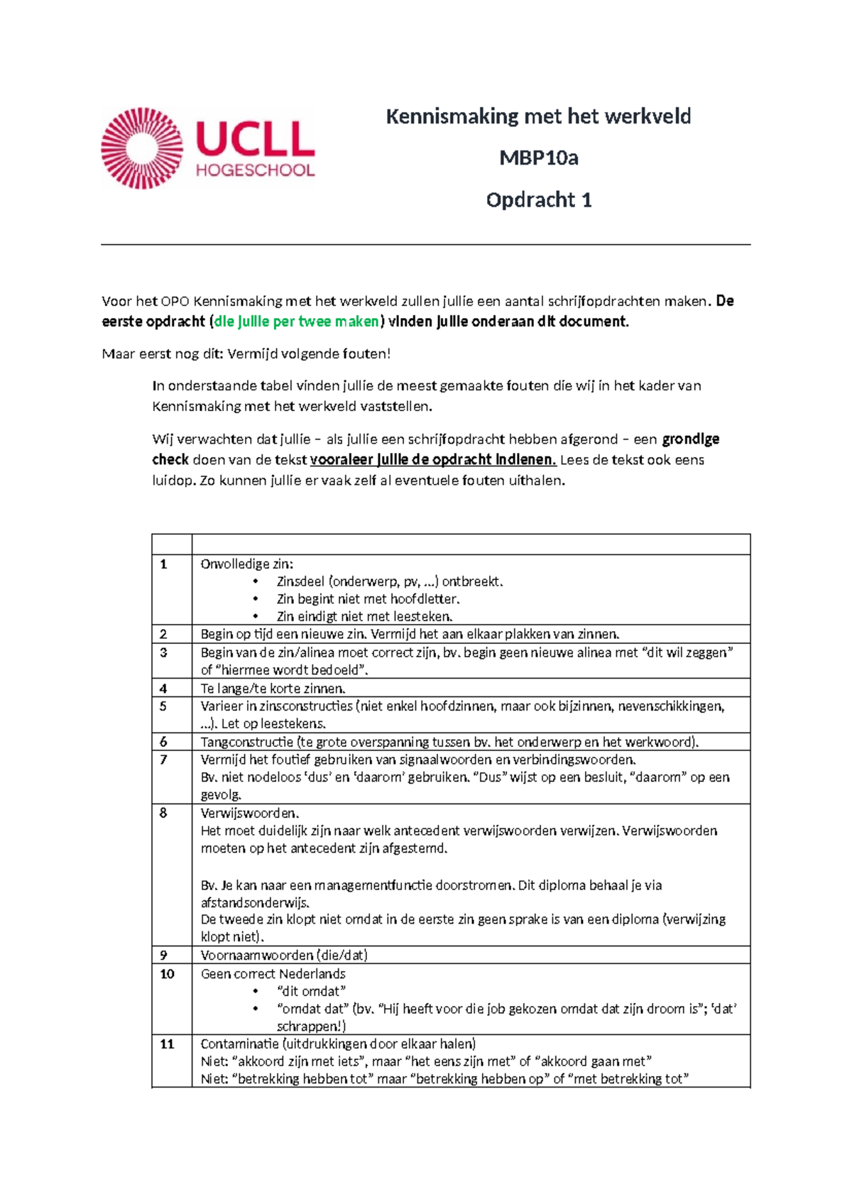 Opdracht 1 - Kennismaking met het werkveld MBP10a Opdracht 1 Voor het ...