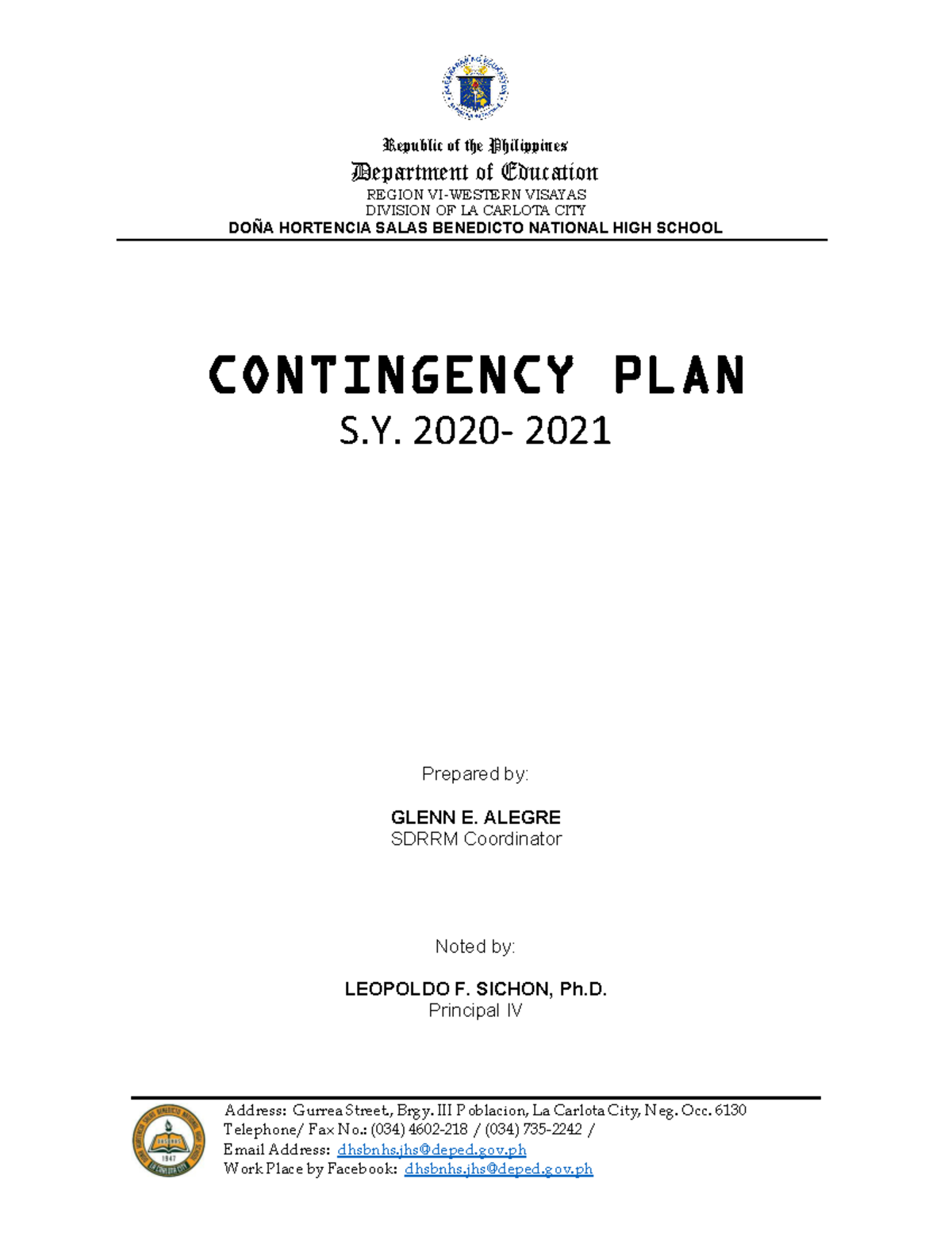 Contigency Plan 2020 Dhsbnhs - Department of Education REGION VI ...