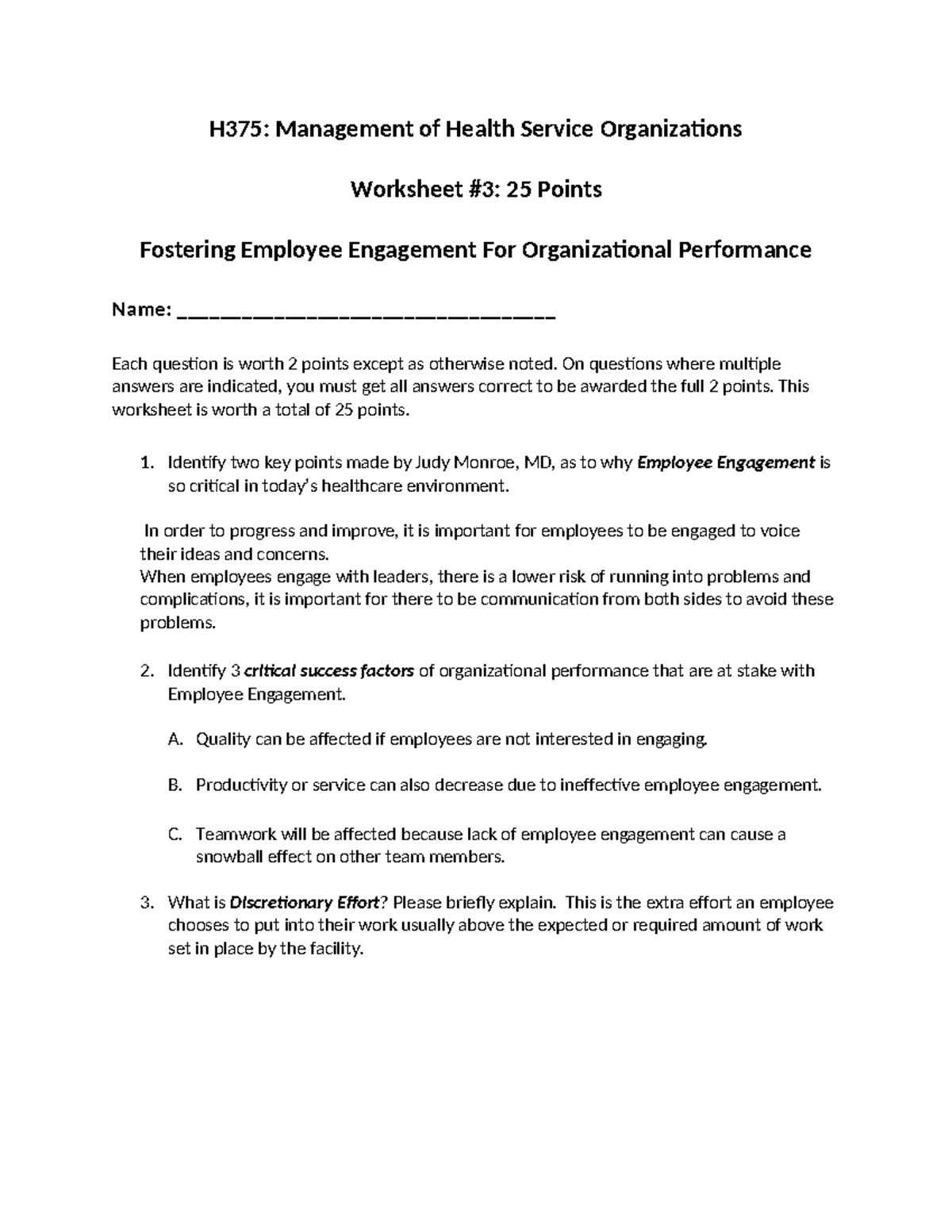 Fostering Employee Engagement Worksheet - H375: Management of Health ...