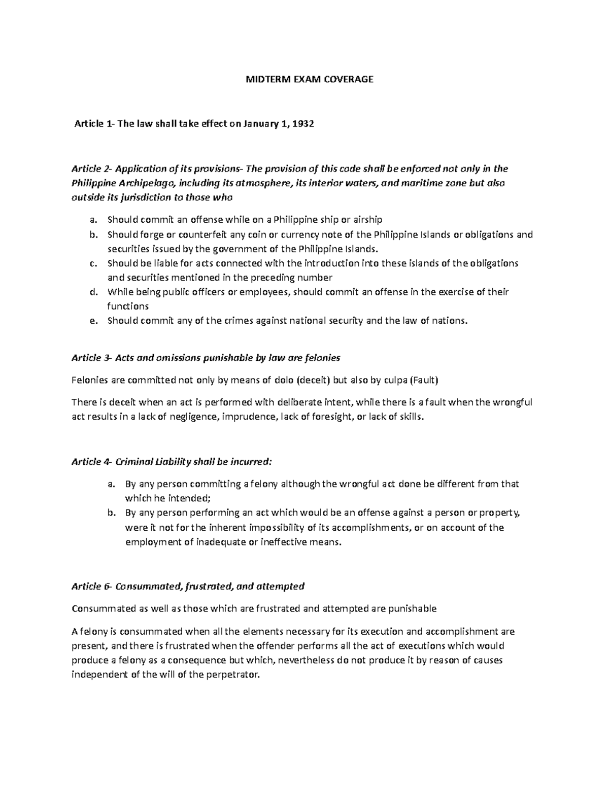 Midterm EXAM Coverage-Crim - MIDTERM EXAM COVERAGE Article 1- The law shall take effect on ...