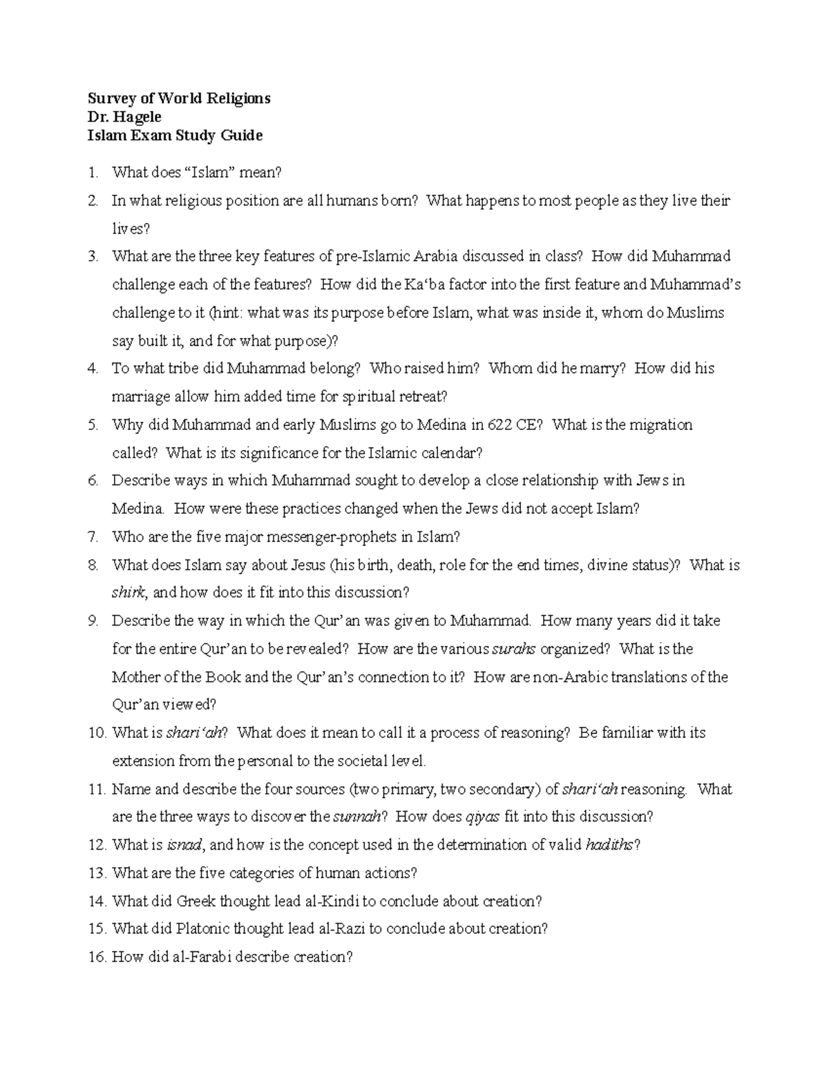 Islam Exam Study Guide - Survey of World Religions Dr. Hagele Islam ...