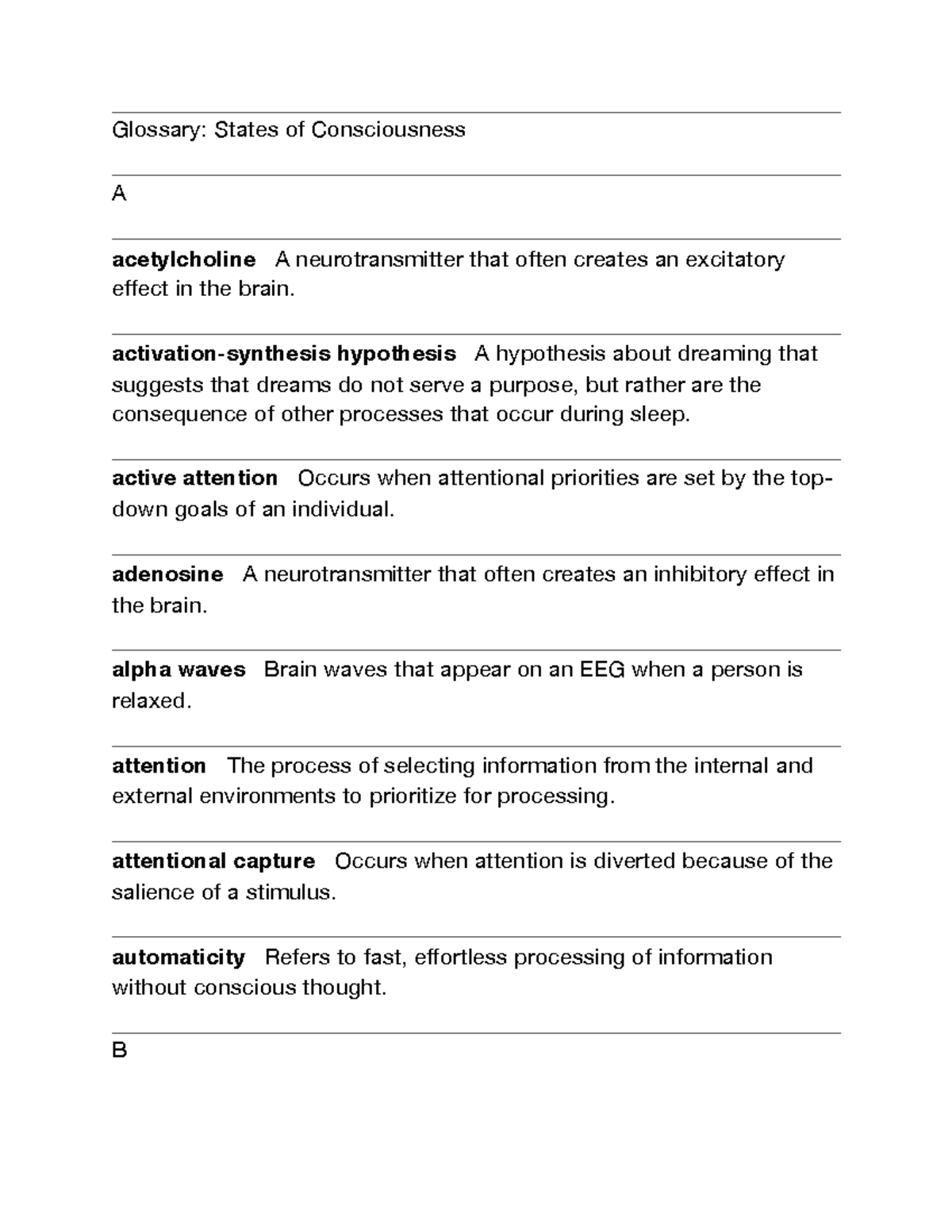 State of Consciousness PSY - Glossary: States of Consciousness A ...