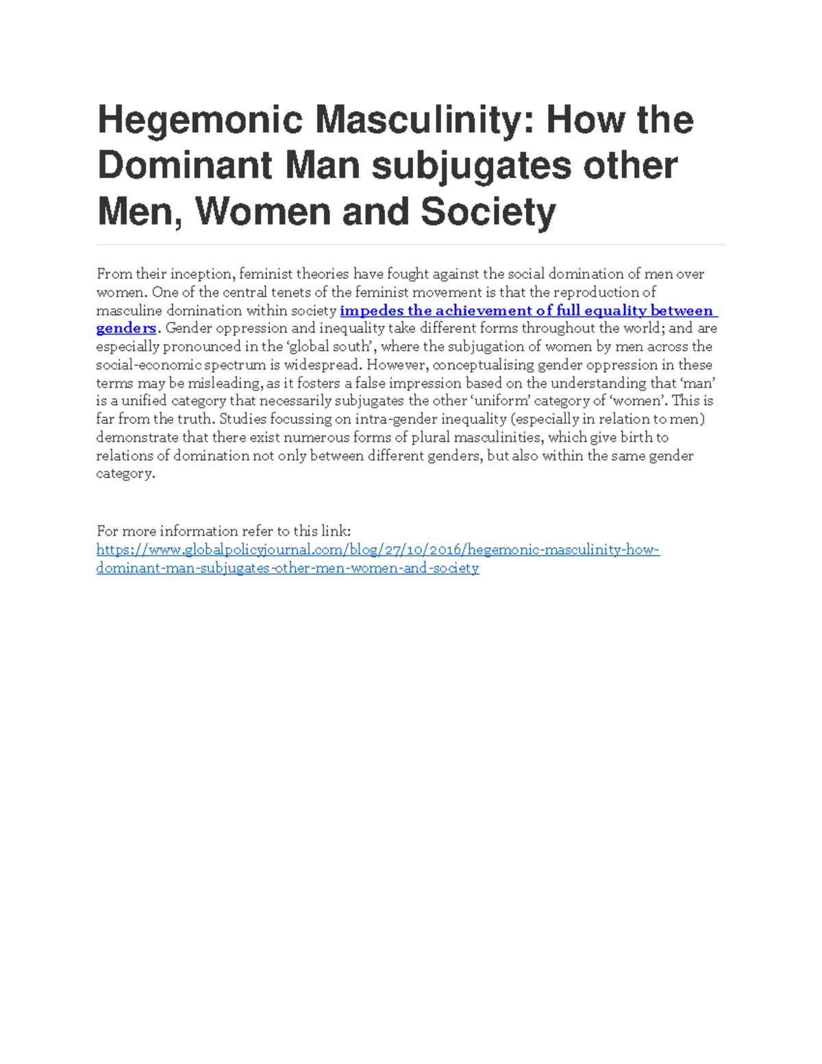 Hegemonic Masculinity - Hegemonic Mascul inity: How the Domi nant Man ...