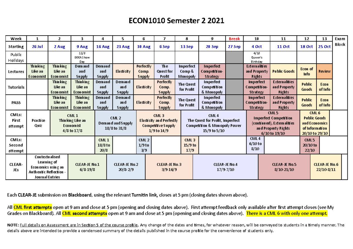 ECON1010 Activities Timeline - Sem 2 2021 - ECON1010 Semester 2 2021 Week 1 2 3 4 5 6 7 8 9 ...