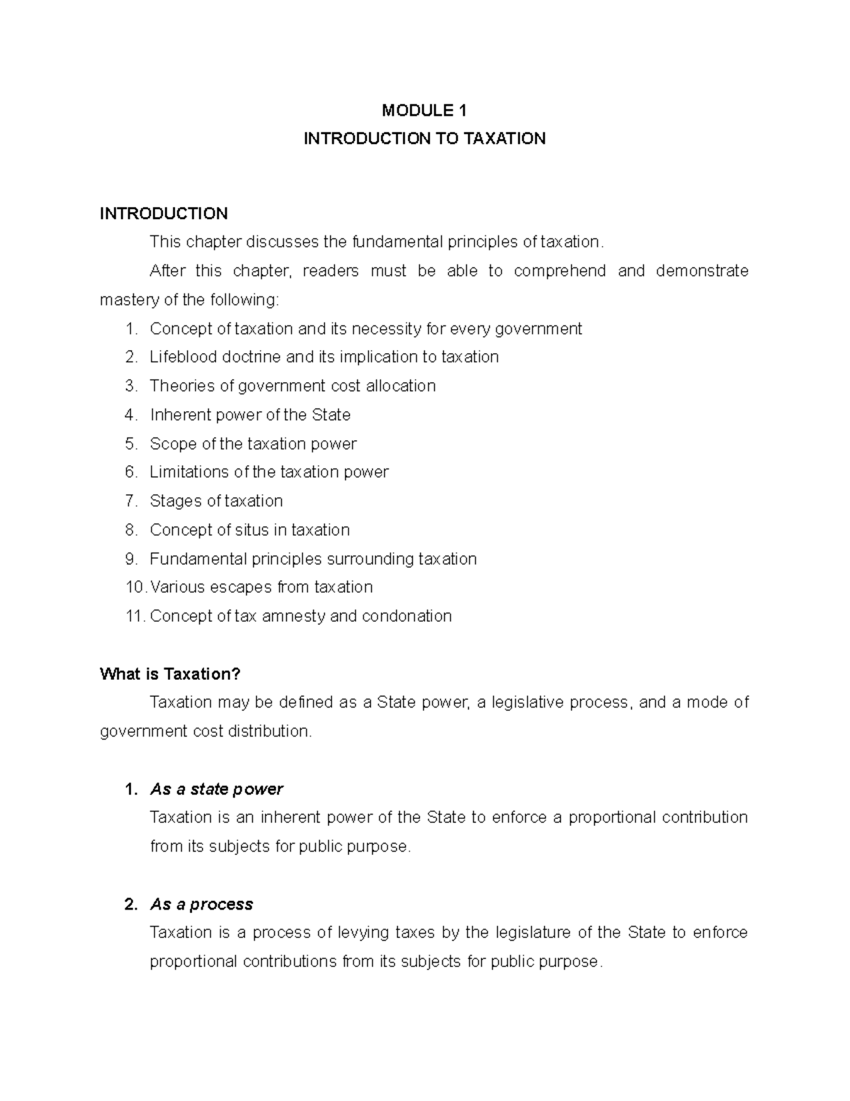 532617979 Introduction to Taxation Notes - MODULE 1 INTRODUCTION TO ...
