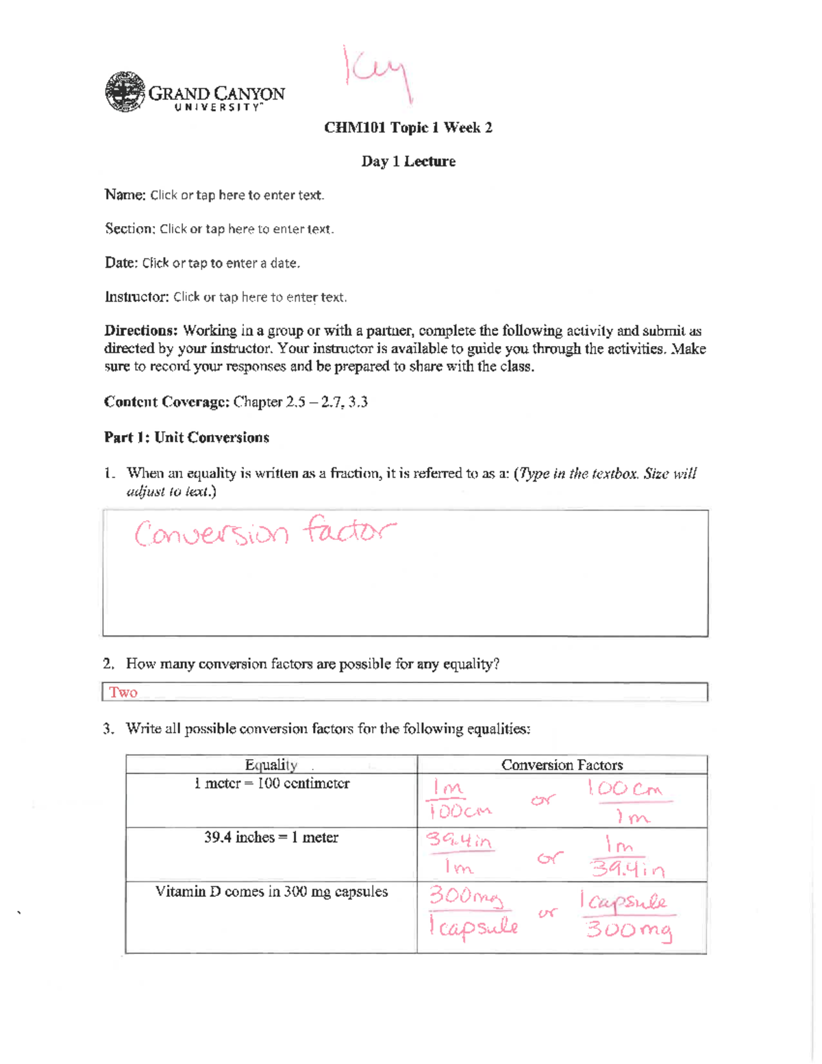 CHM 101 T1 Week 2 Day 1 Student Lecture Guide Key - BLESS OV NINE GRAND ...