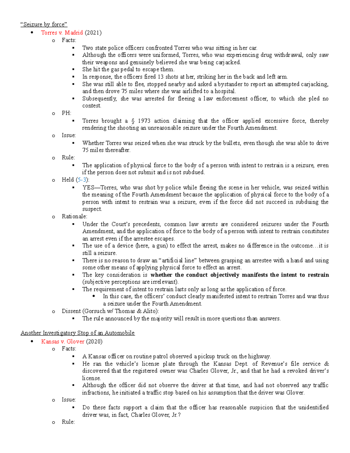 Terry Stops - “Seizure by force” Torres v. Madrid (2021) o Facts: Two ...