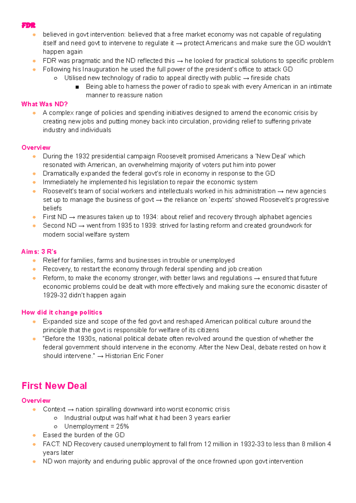 New Deal Assessment Notes - FDR believed in govt intervention: believed ...