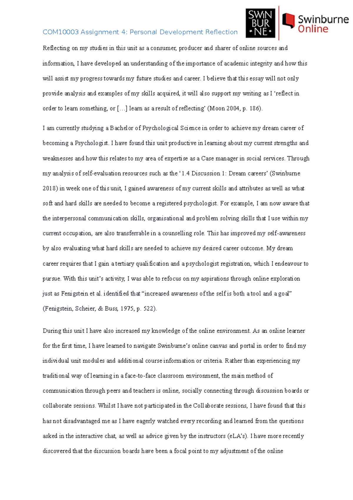 COM10003-assignment 4-Personal Development Reflection Essay.. copy 3 ...