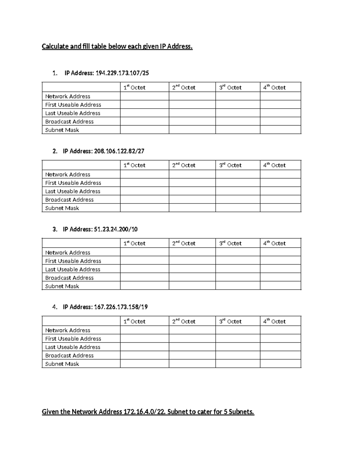 Homework Subnetting Exercises Calculate And Fill Table Below Each