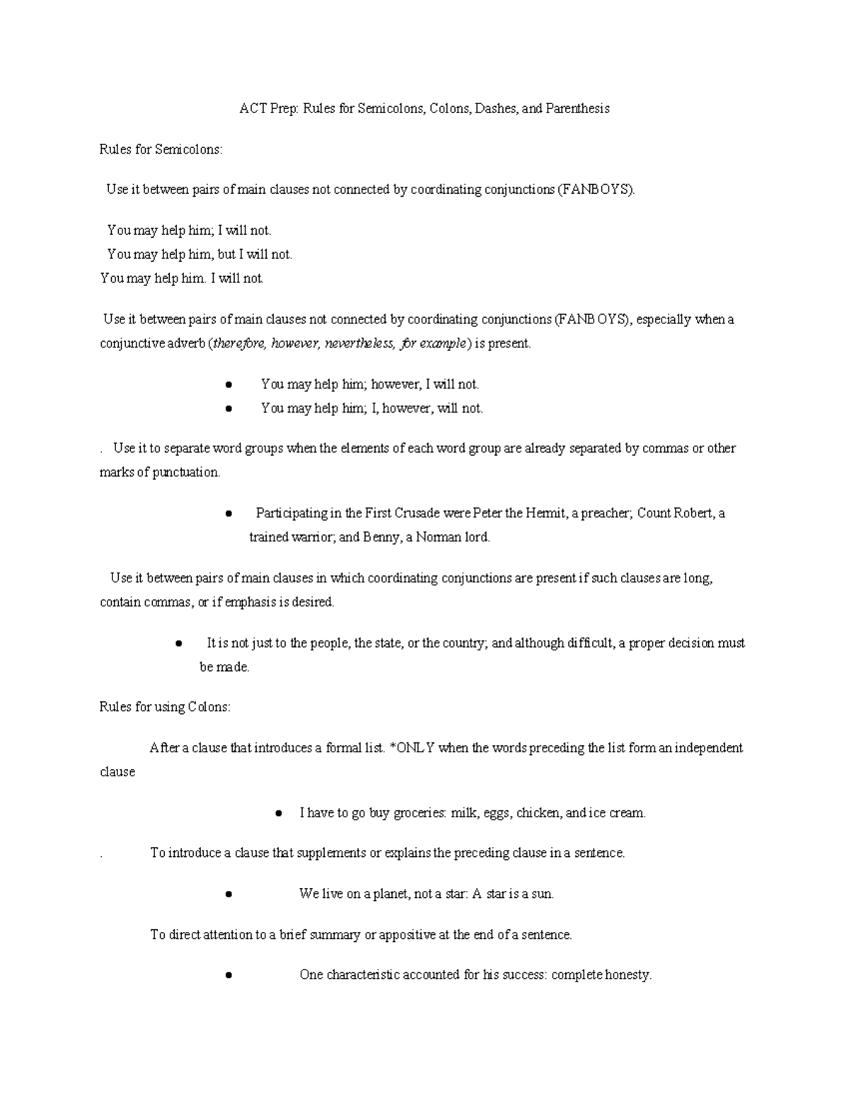 ACT Prep Rules for Semicolons, Colons, Dashes, and Parenthesis - You ...