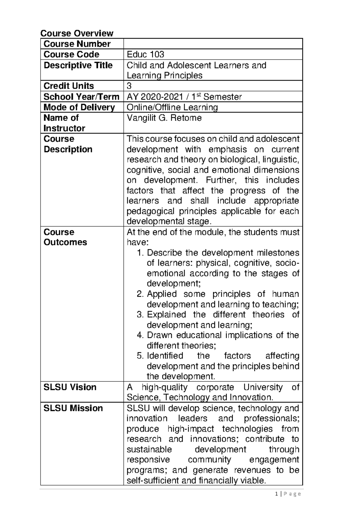 Module Child Ado 2 - sharing is caring - Course Overview Course Number Course Code Educ 103 ...