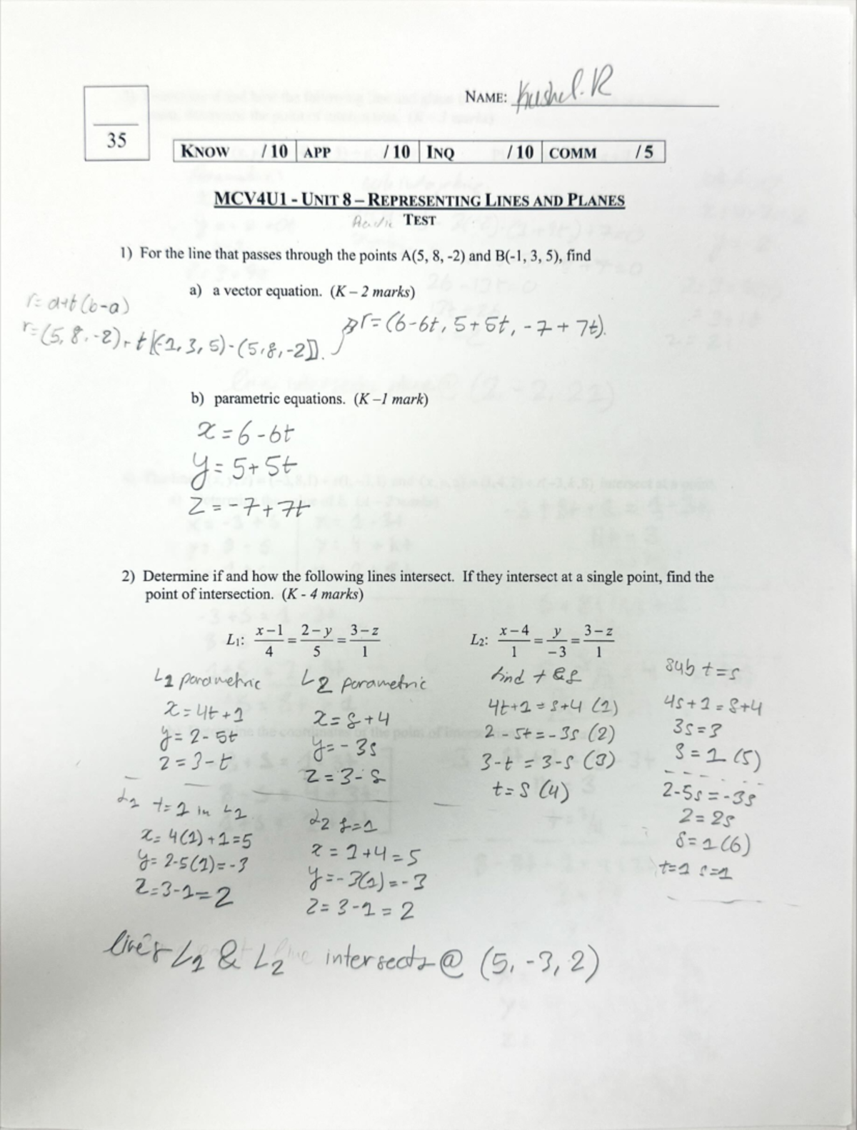 Mcv4u1 Unit 8 Exam Representing Lines And Planes Name Kushel 35