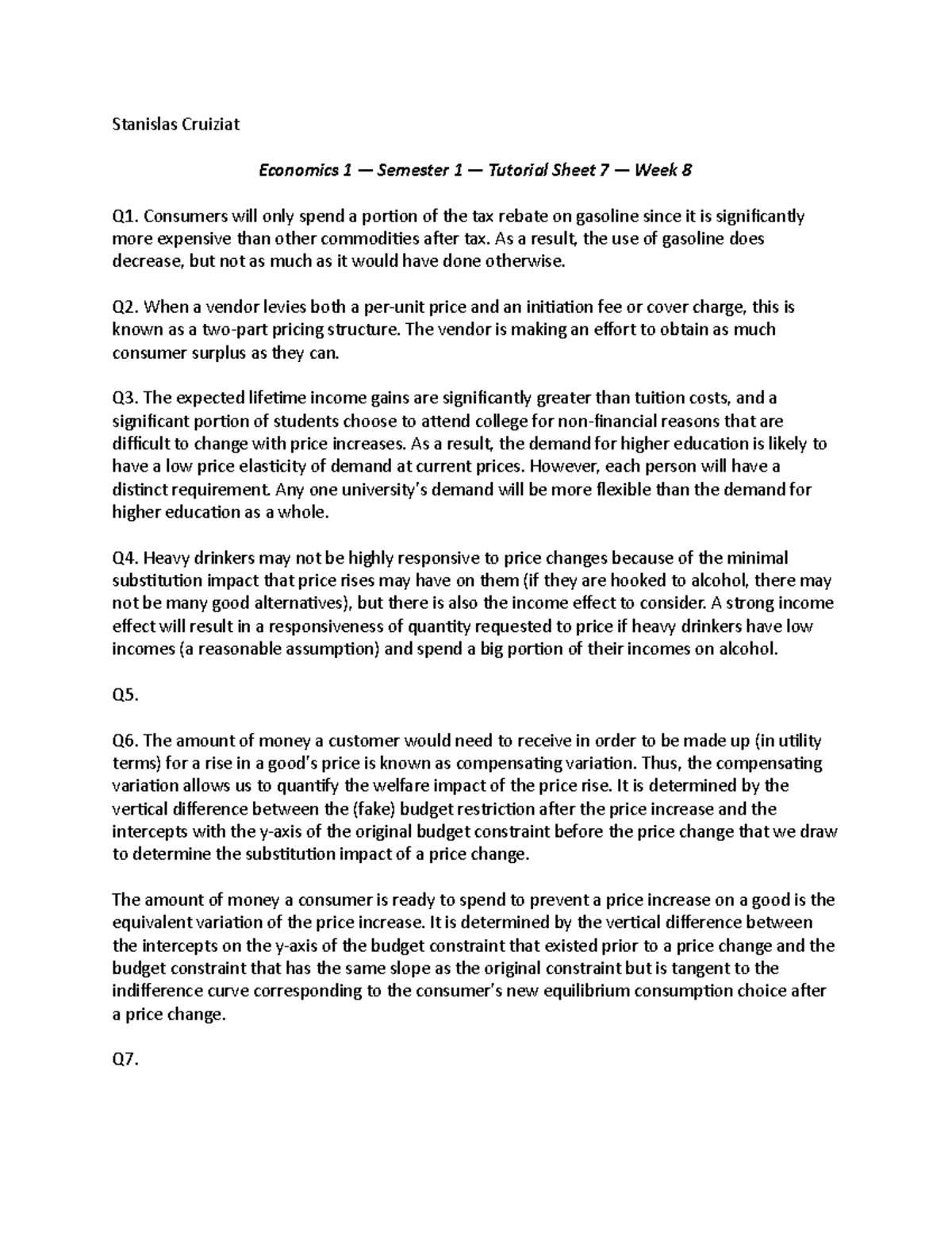 Stanislas Cruiziat - Economics 1 — Semester 1 — Tutorial Sheet 7 — Week 8 - Stanislas Cruiziat ...
