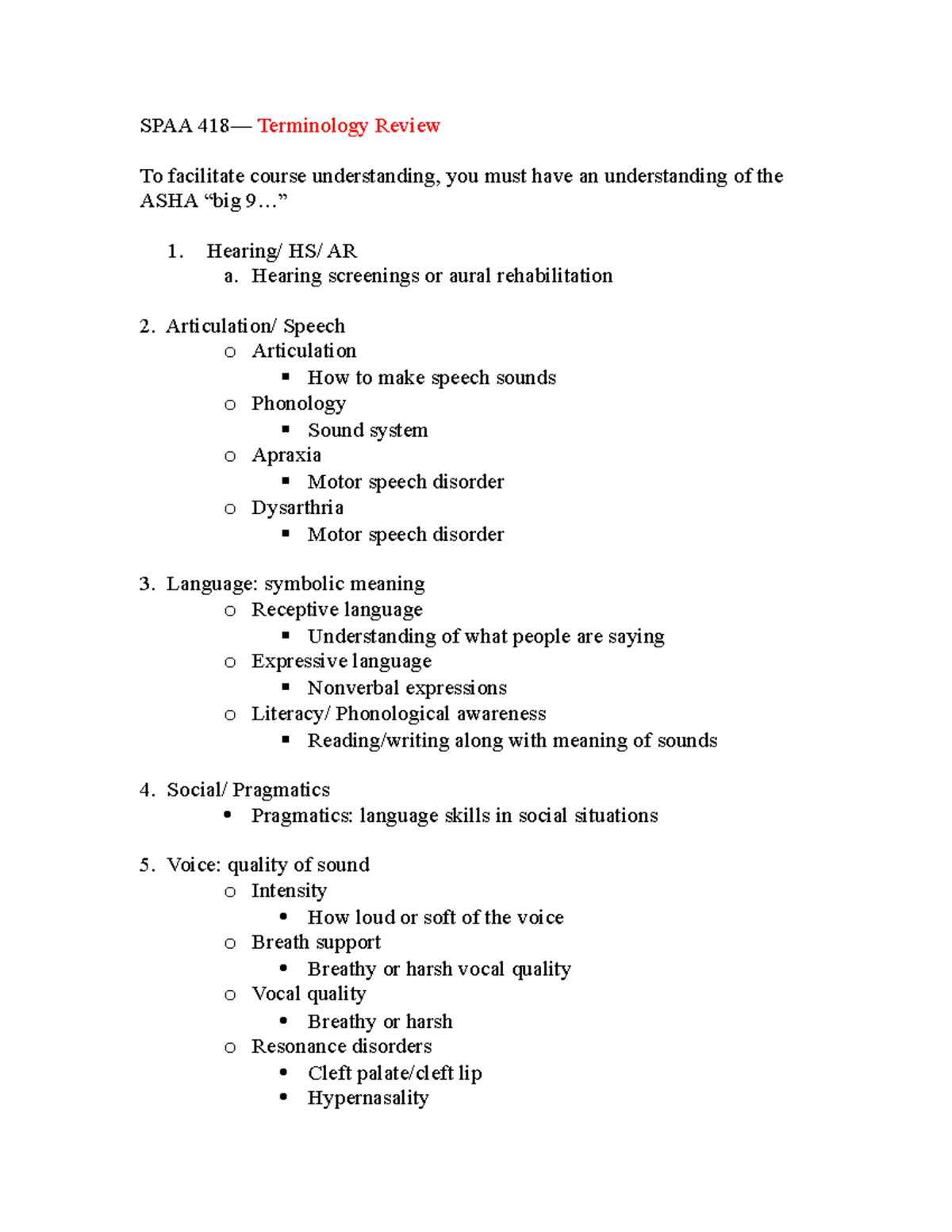 Vocab review - SPAA 418— Terminology Review To facilitate course ...