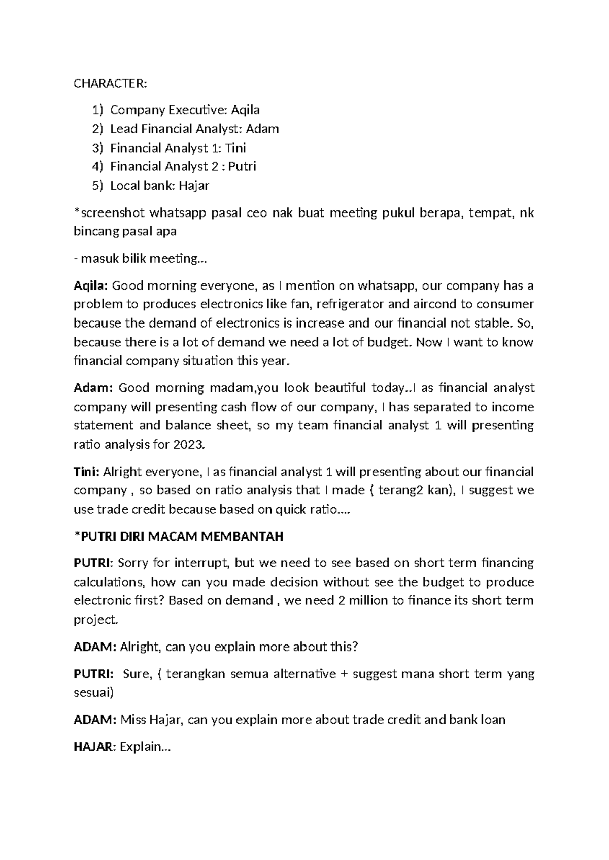 ELC Script - CHARACTER: Company Executive: Aqila Lead Financial Analyst ...