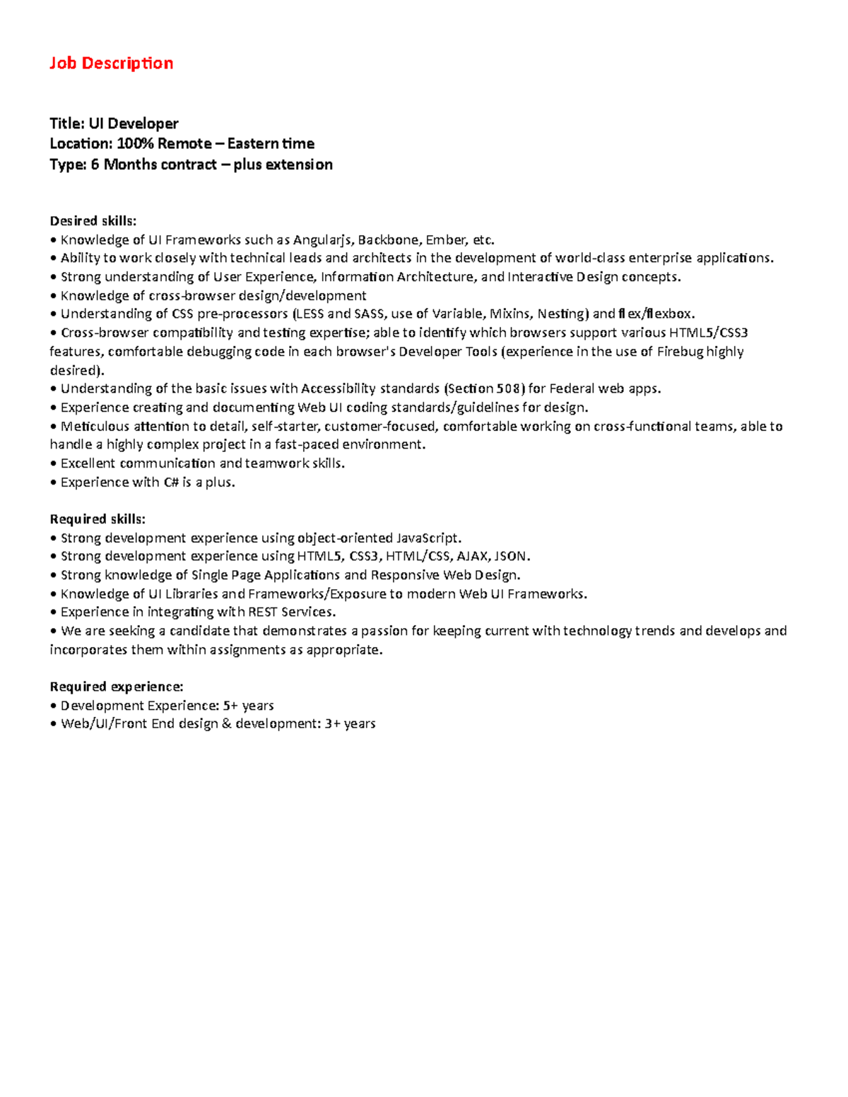 Job Description - UI Developer - Job Description Title: UI Developer ...