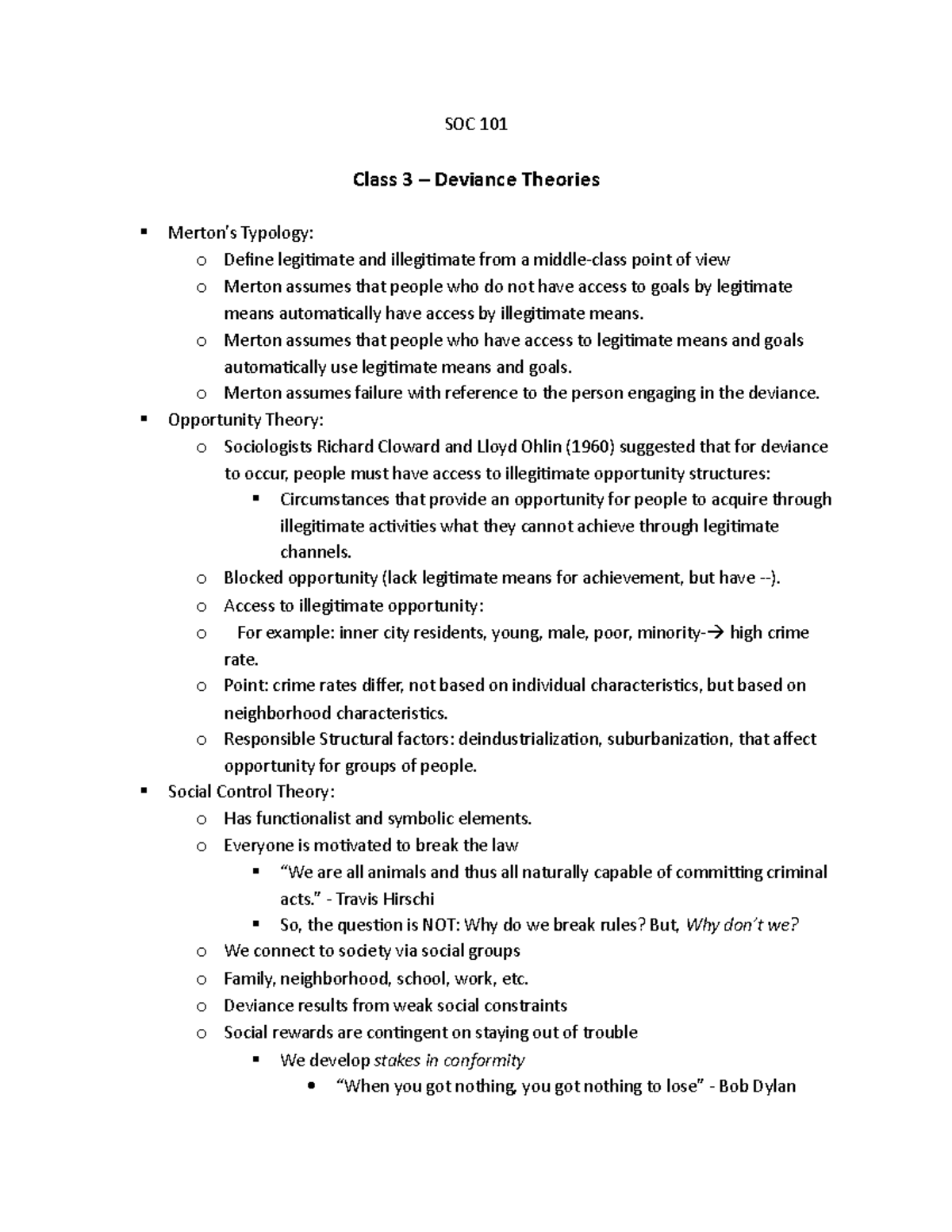 SOC 101 Class 3 - Lecture notes 3 - SOC 101 Class 3 – Deviance Theories ...