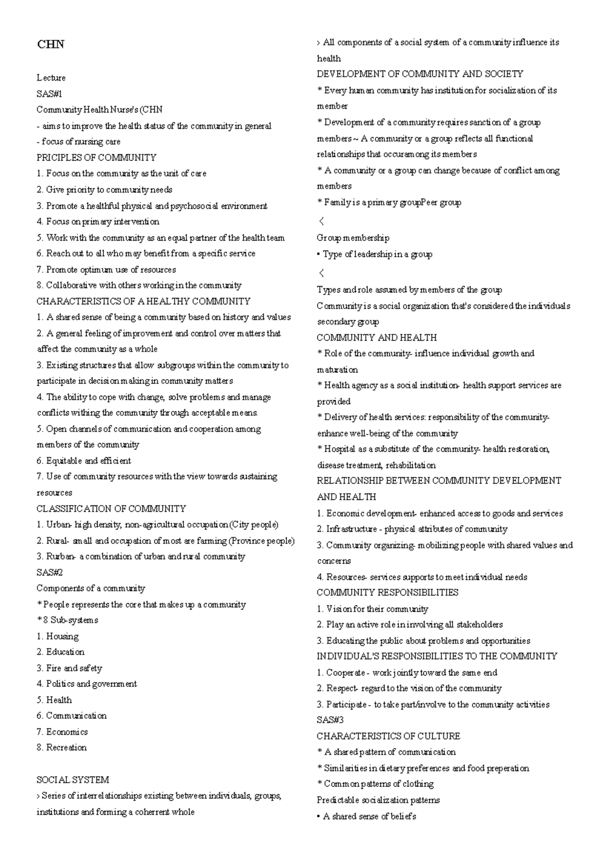 CHN&COA reviewer - CHN Lecture SAS# Community Health Nurse's (CHN aims ...