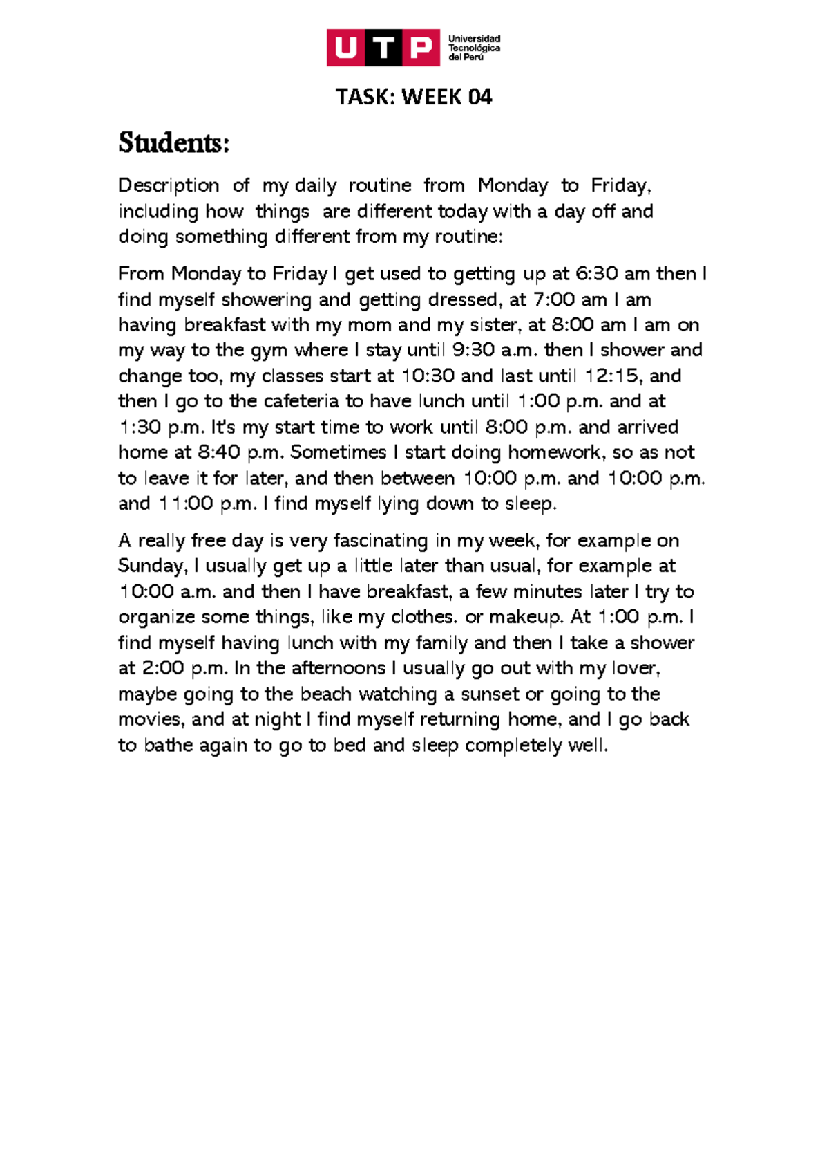 TASK 4 - INGLES SEMANA 1 - TASK: WEEK 04 Students: Description of my ...