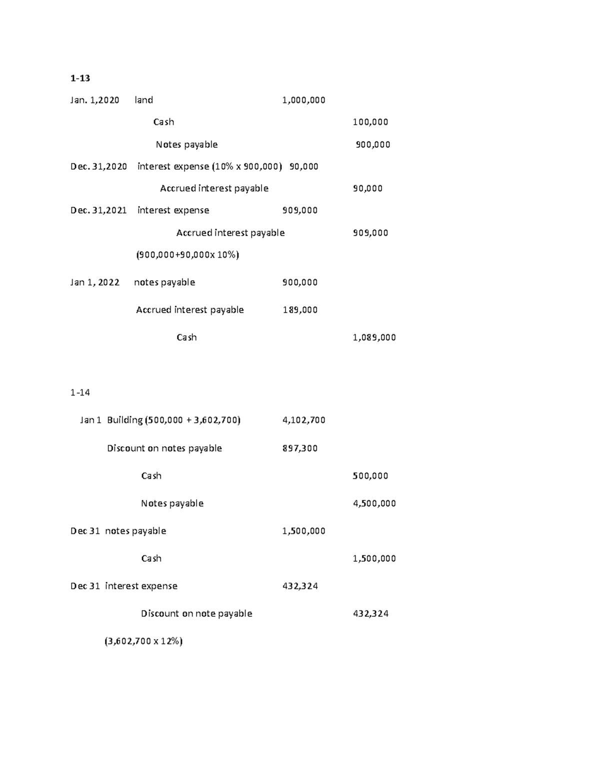 Intermediate accounting - Jan. 1,2020 land Cash Notes payable Dec. 31 ...