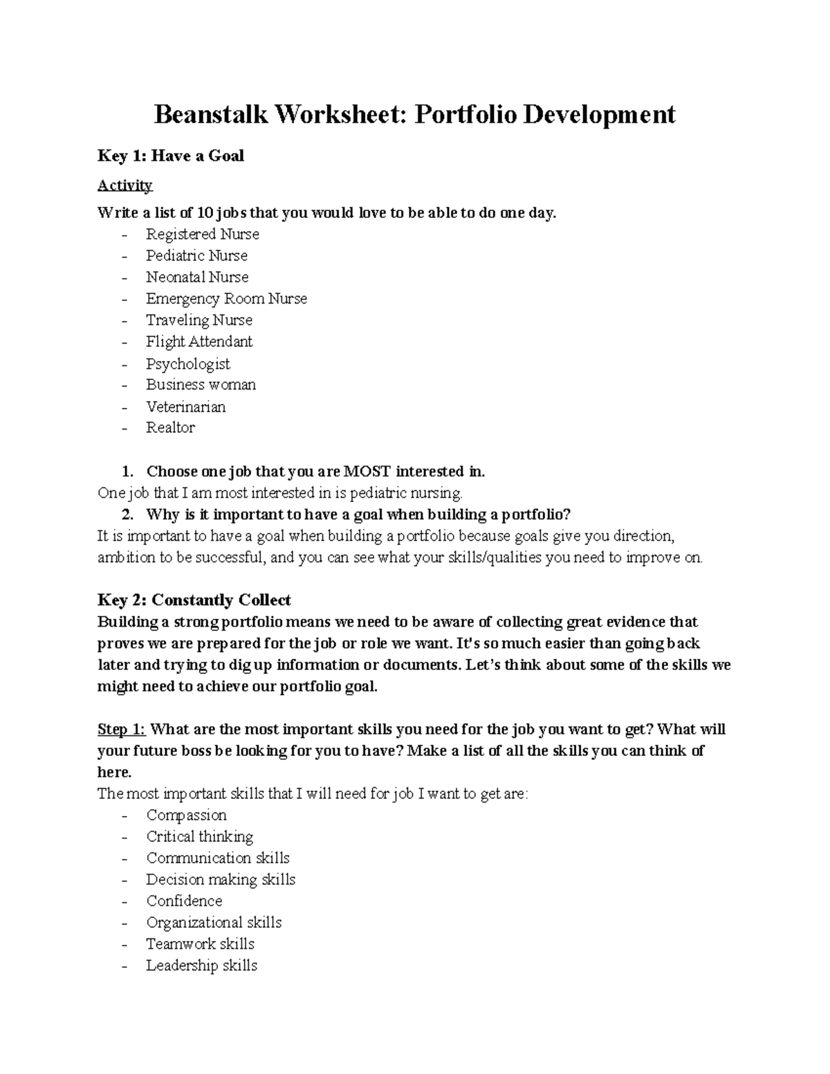 Portfolio Development Worksheet Answers - Beanstalk Worksheet ...