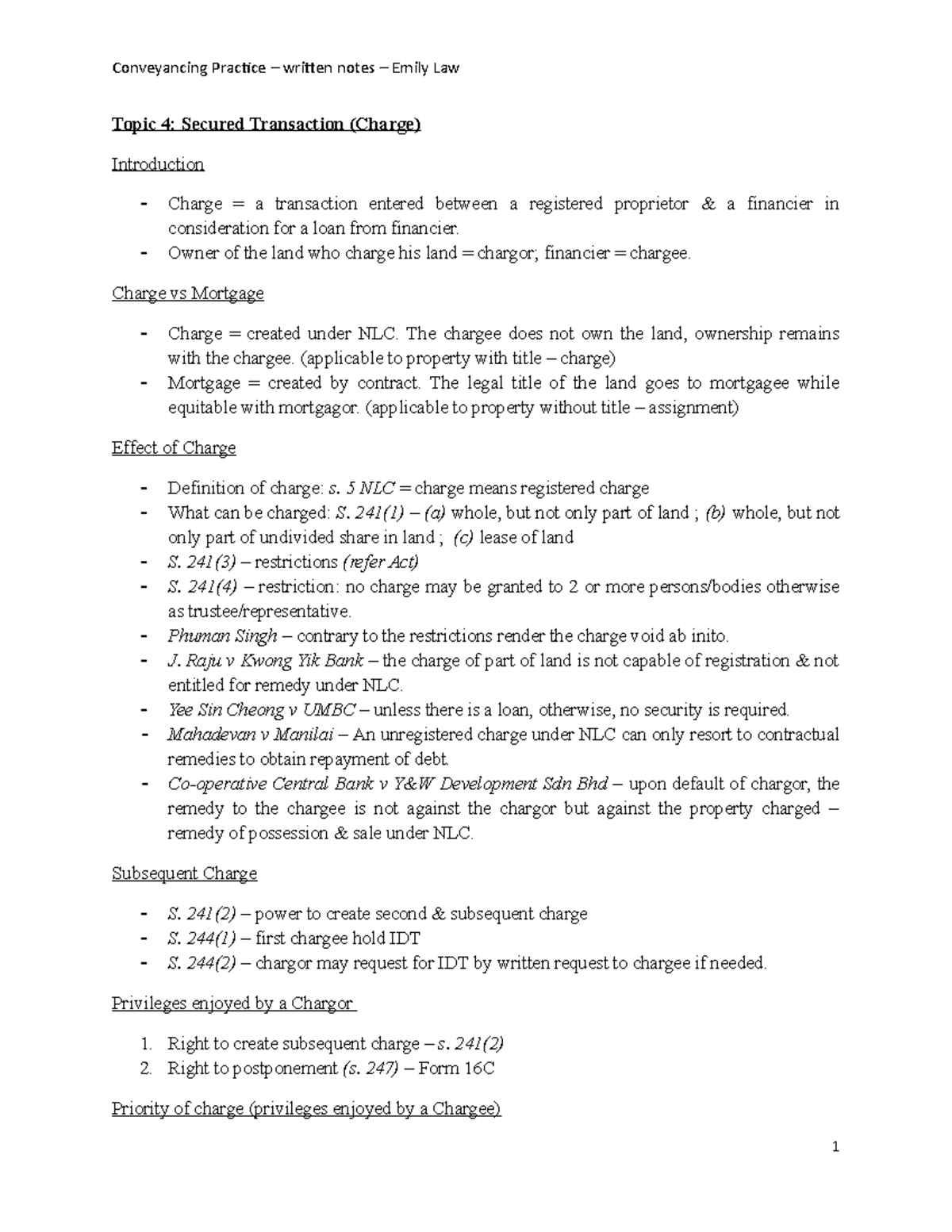 Written Notes Topic 4 - Topic 4: Secured Transaction (Charge ...