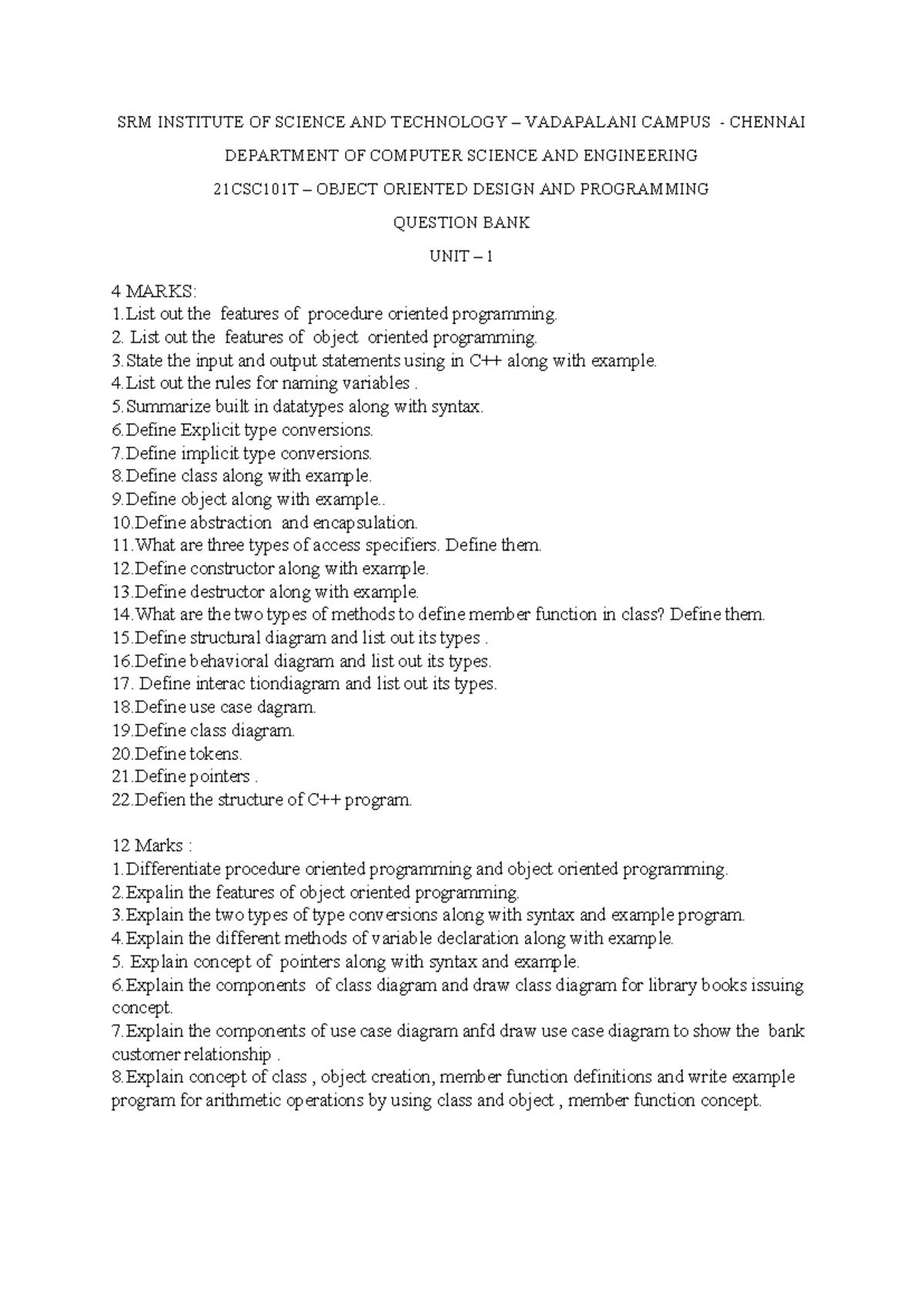 Unit 1 Question Bank Srm Institute Of Science And Technology Vadapalani Campus Chennai