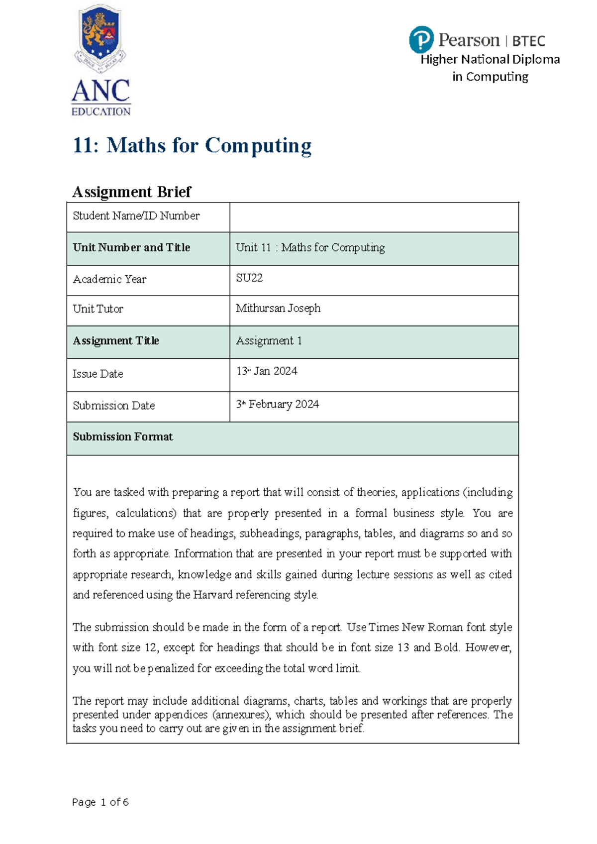 Maths for computing - Assignment - Higher National Diploma in Computing 11: Maths for Computing ...