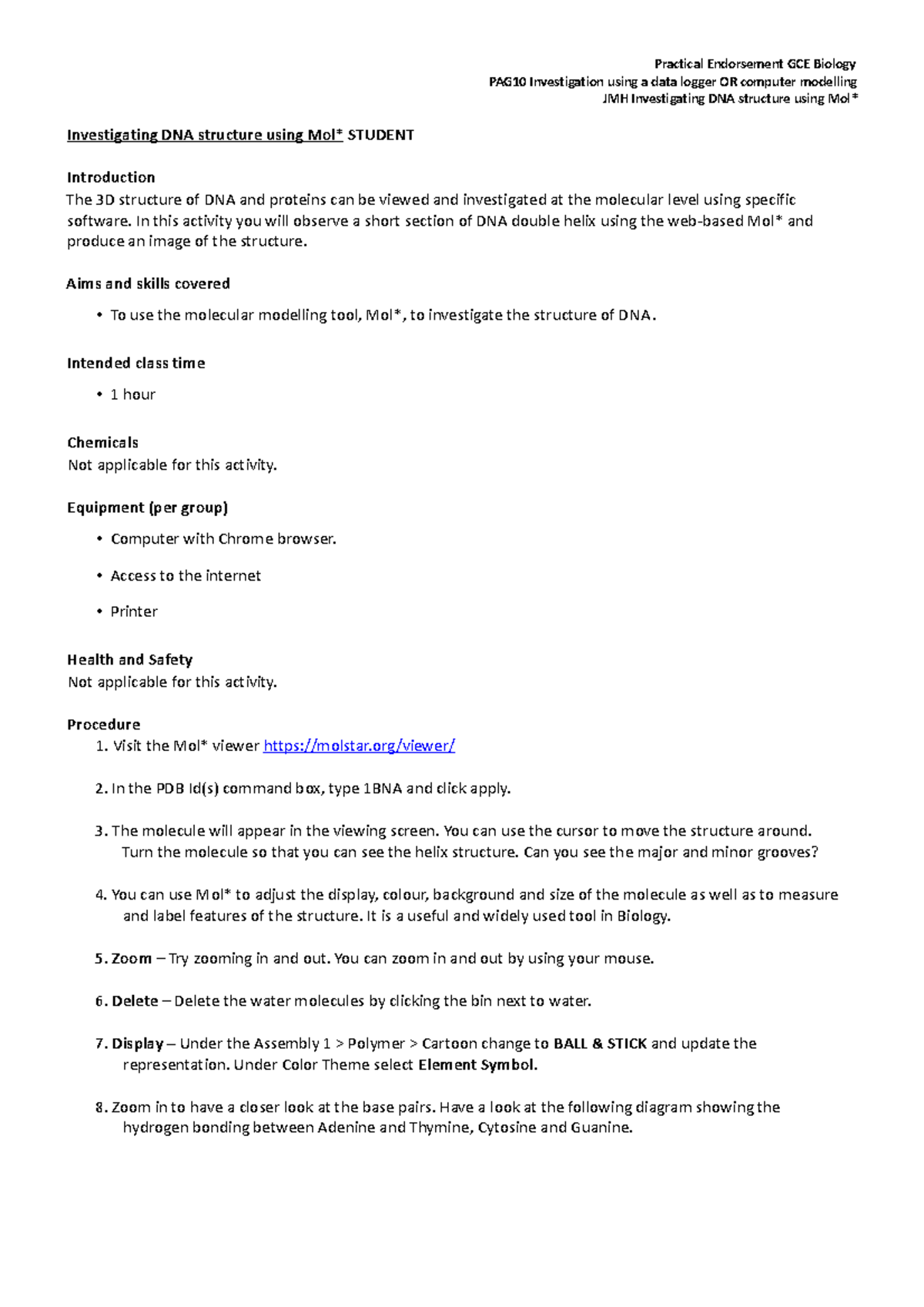 PAG 10.1 JMH Student DNA Molstar v1 - Practical Endorsement GCE Biology PAG10 Investigation ...