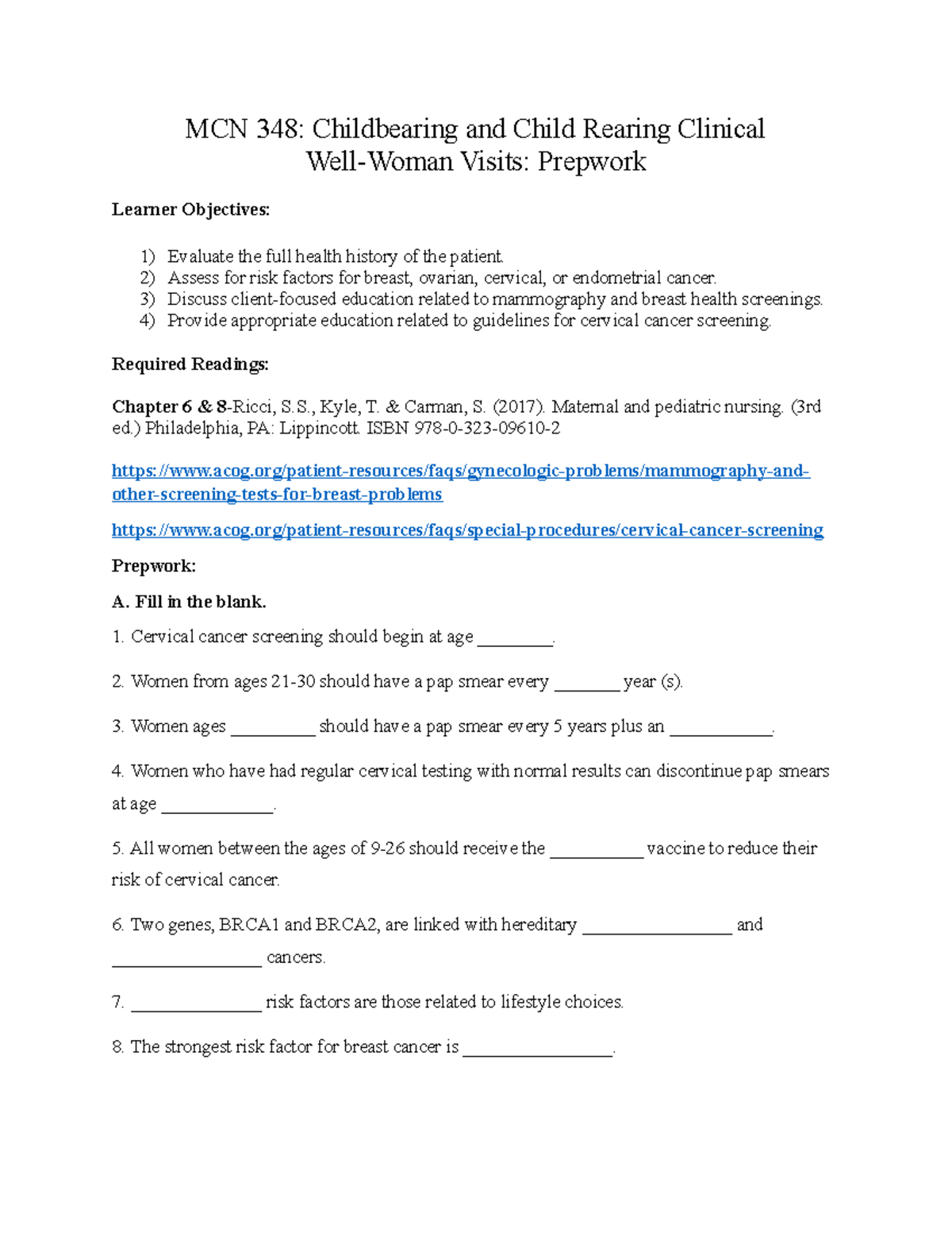 Well-Woman Visits Care Prepwork - MCN 348: Childbearing and Child ...