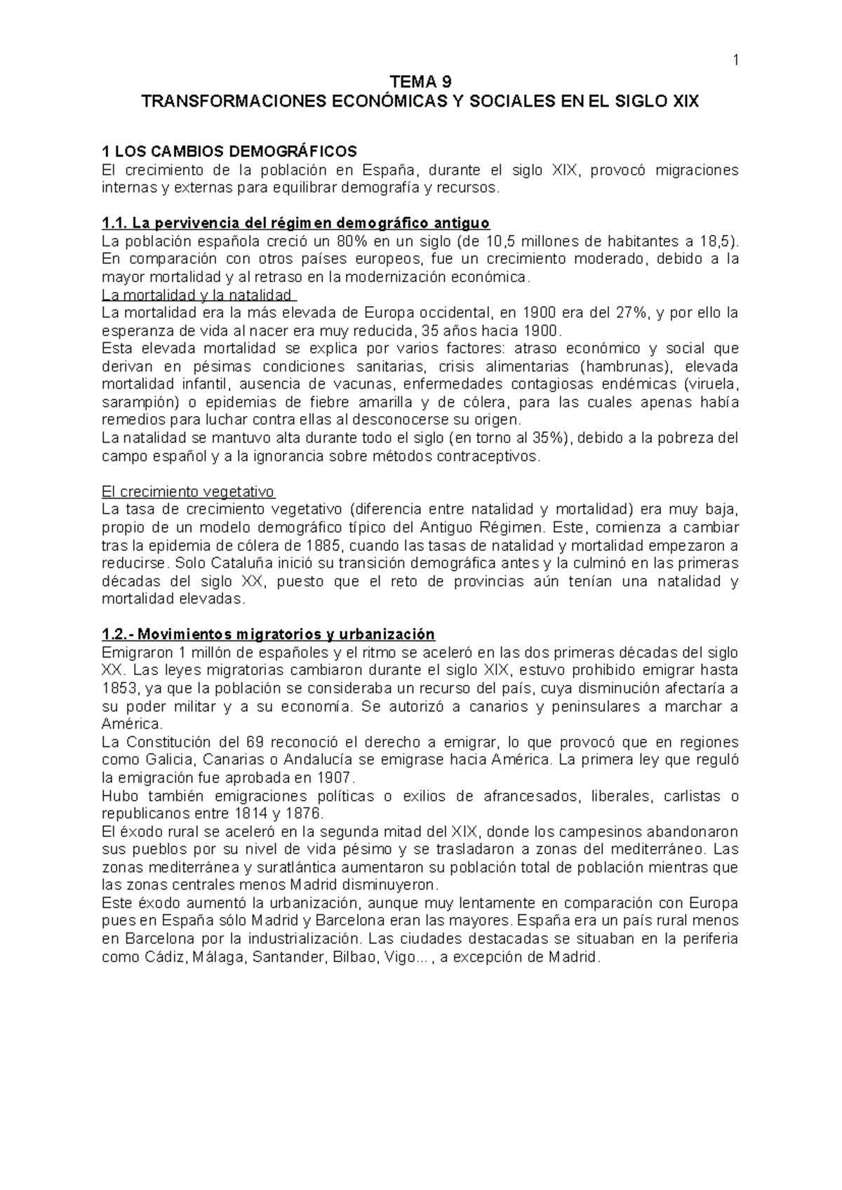 Historia TEMA 9 - TEMA 9 TRANSFORMACIONES ECONÓMICAS Y SOCIALES EN EL SIGLO XIX 1 LOS CAMBIOS ...