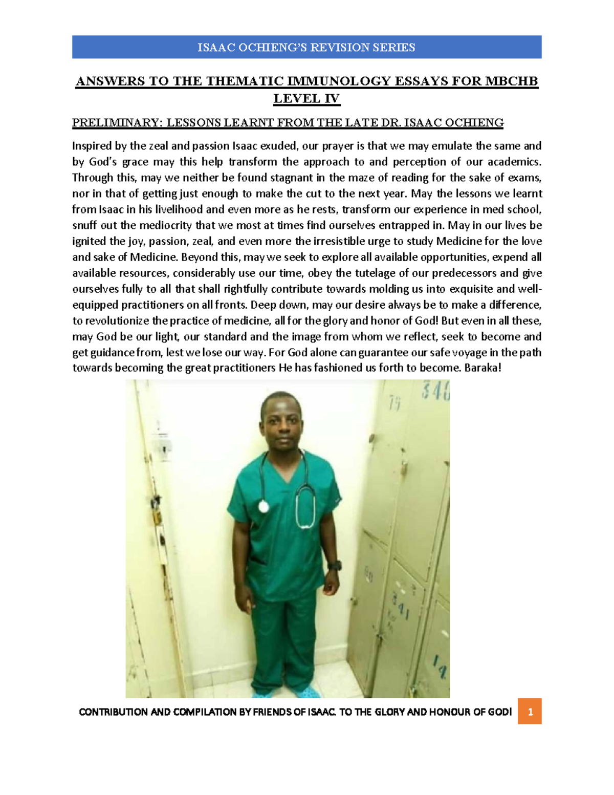 Isaac Ochieng'S Revision Series Answers TO THE Thematic Immunology Essays FOR Mbchb IV - ANSWERS ...