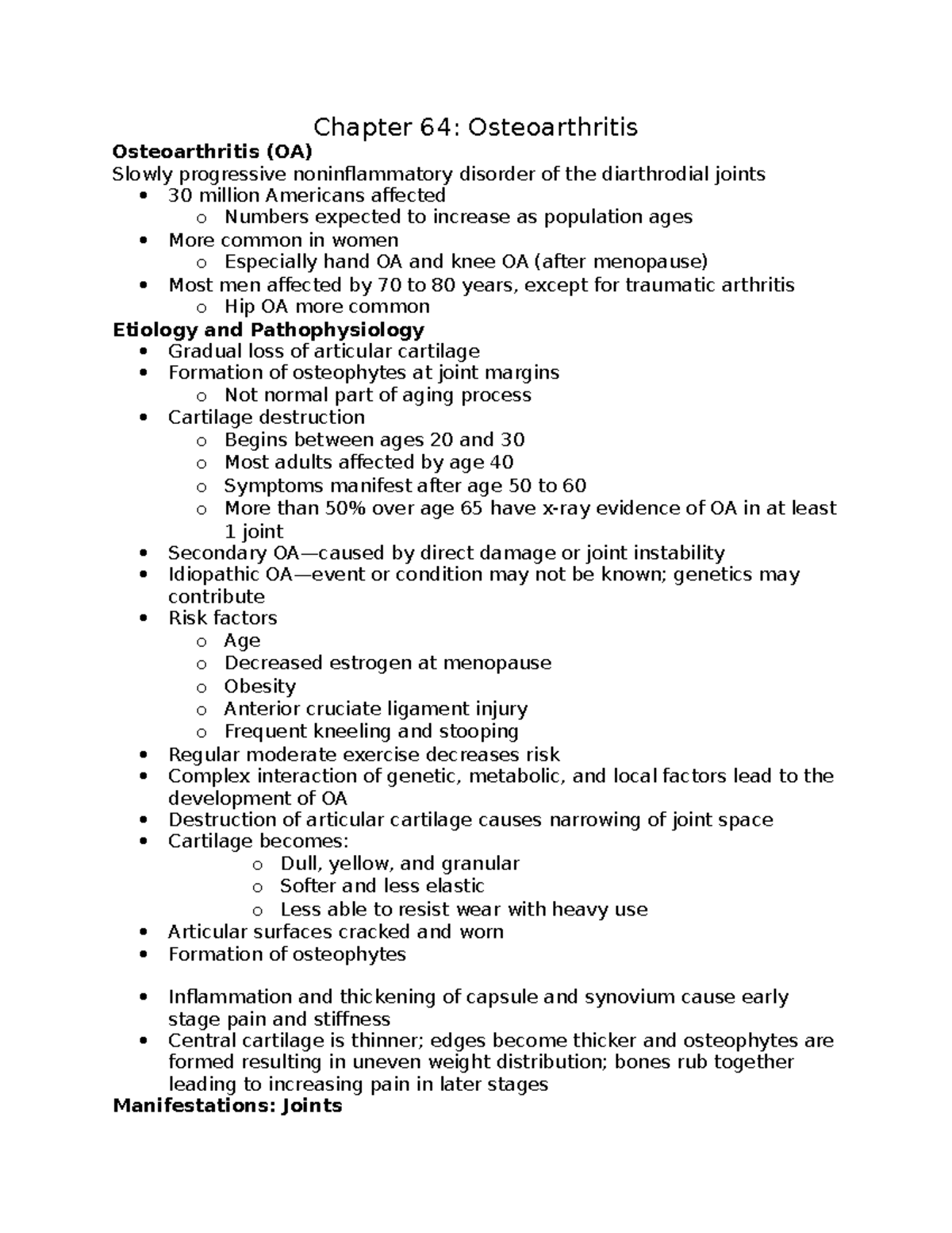 OA outline - Chapter 64: Osteoarthritis Osteoarthritis (OA) Slowly ...