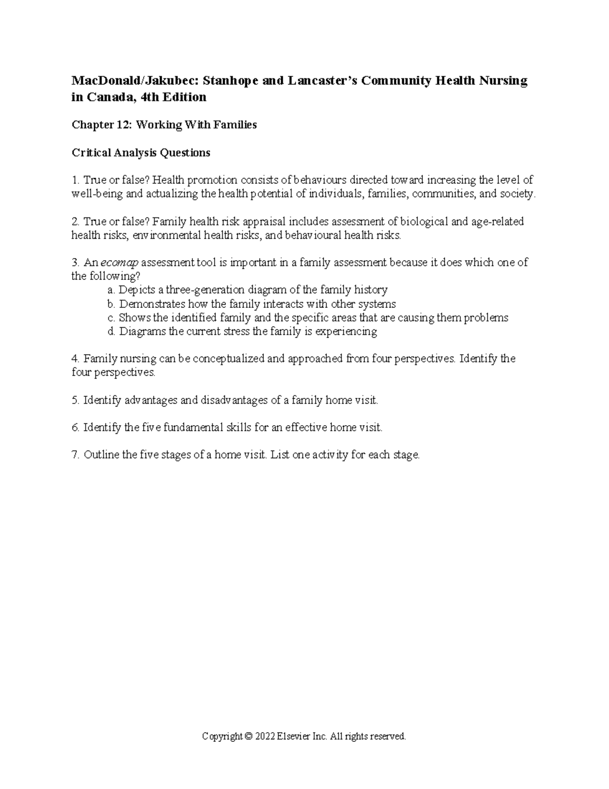 Chapter 12 Critical Analysis Questions - MacDonald/Jakubec: Stanhope ...