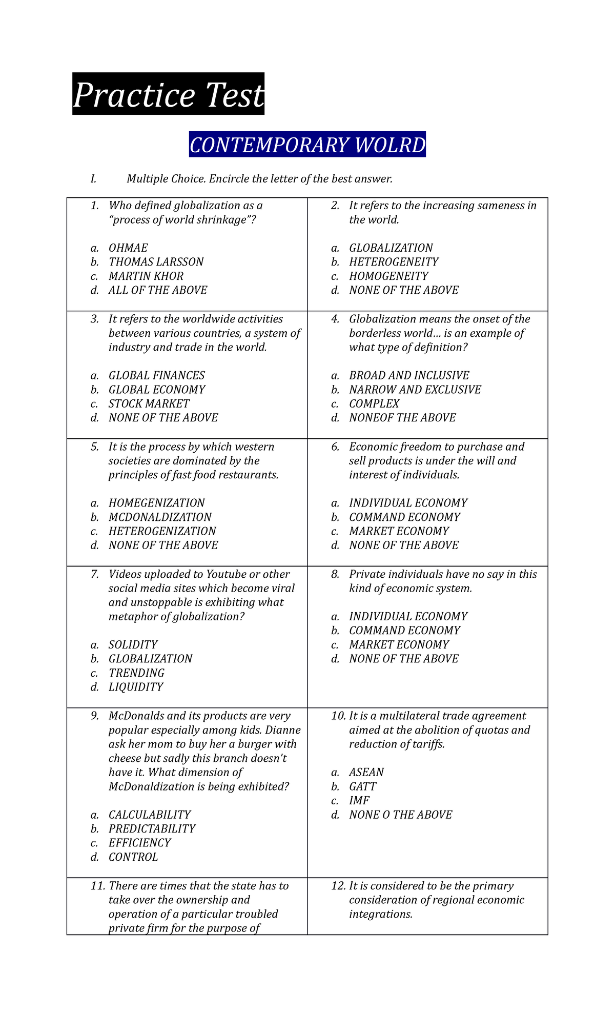 Contemporary World Practice Test - Practice Test CONTEMPORARY WOLRD I ...