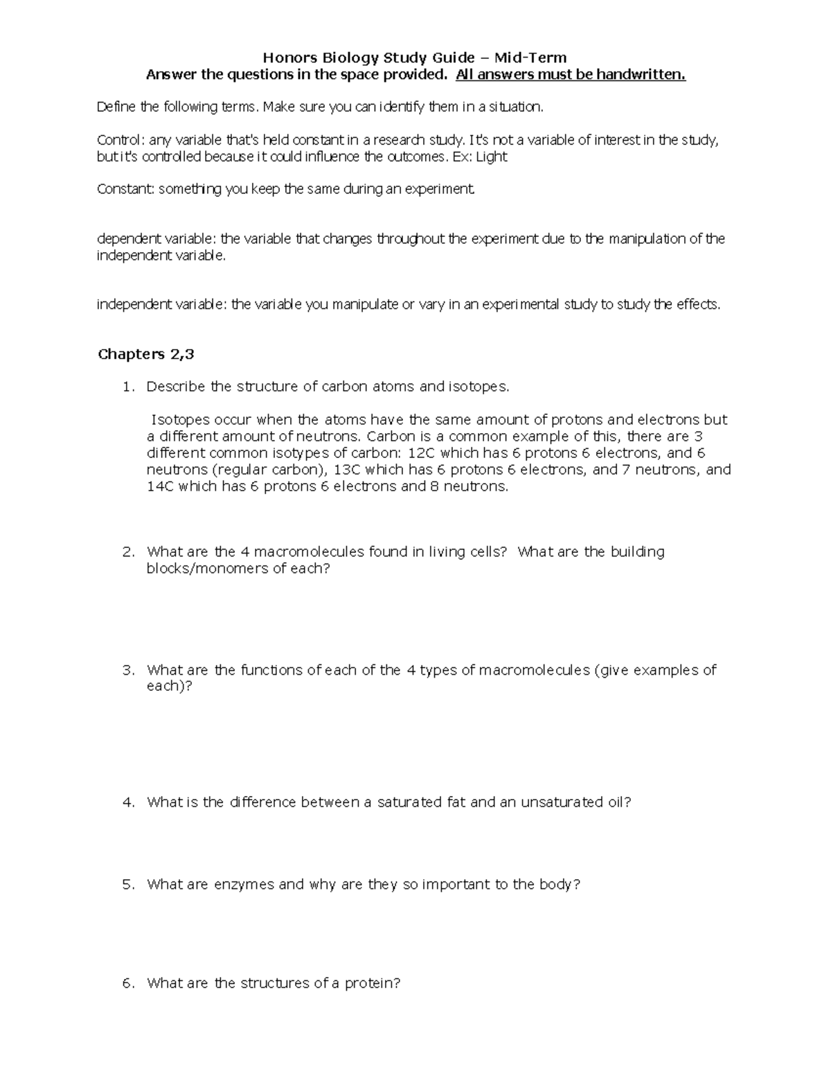 Copy of Midterm study guide - Honors Biology Study Guide – Mid-Term ...